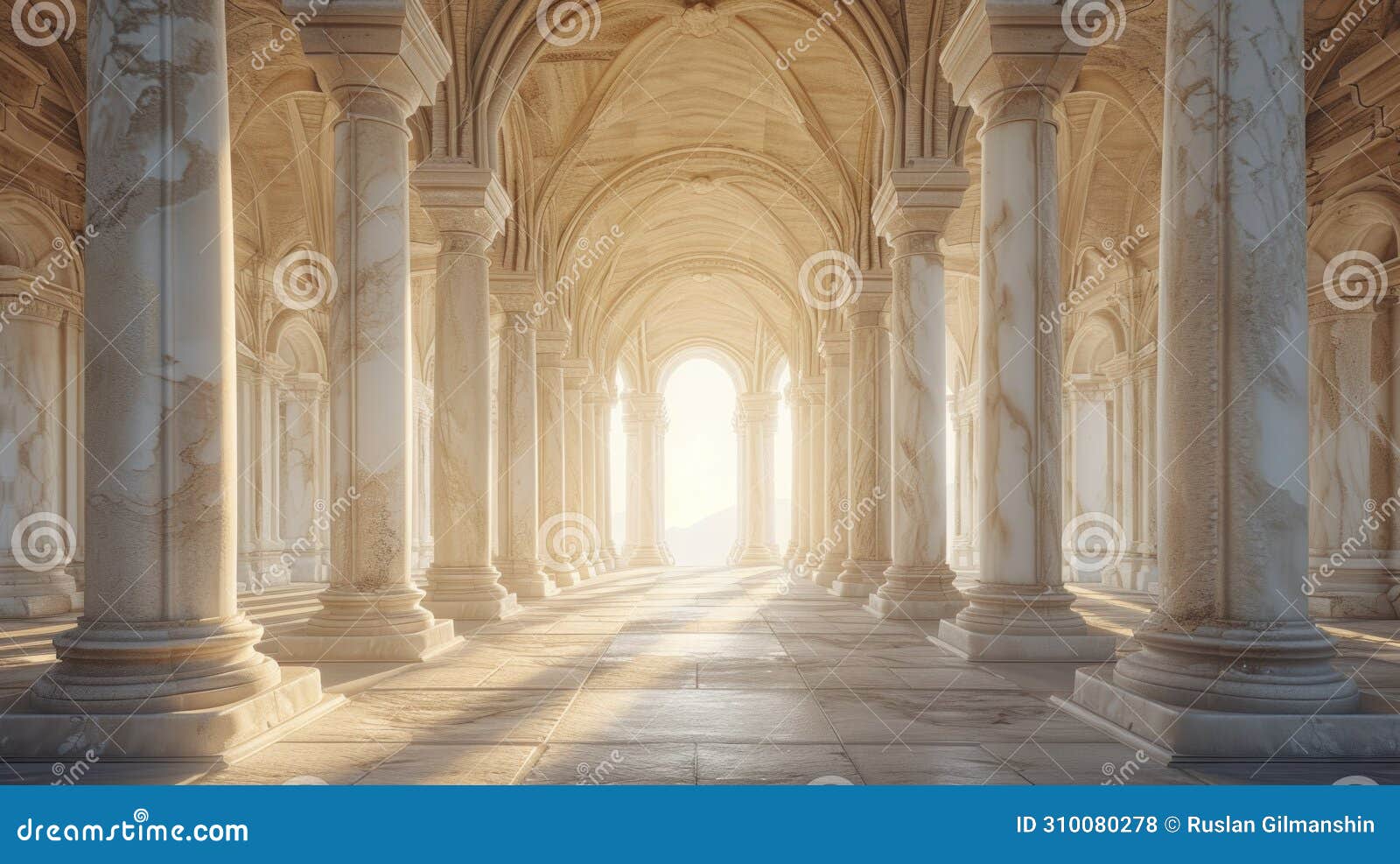 Arcade and a Corridor of White Columns. a Passage of Marble Columns ...