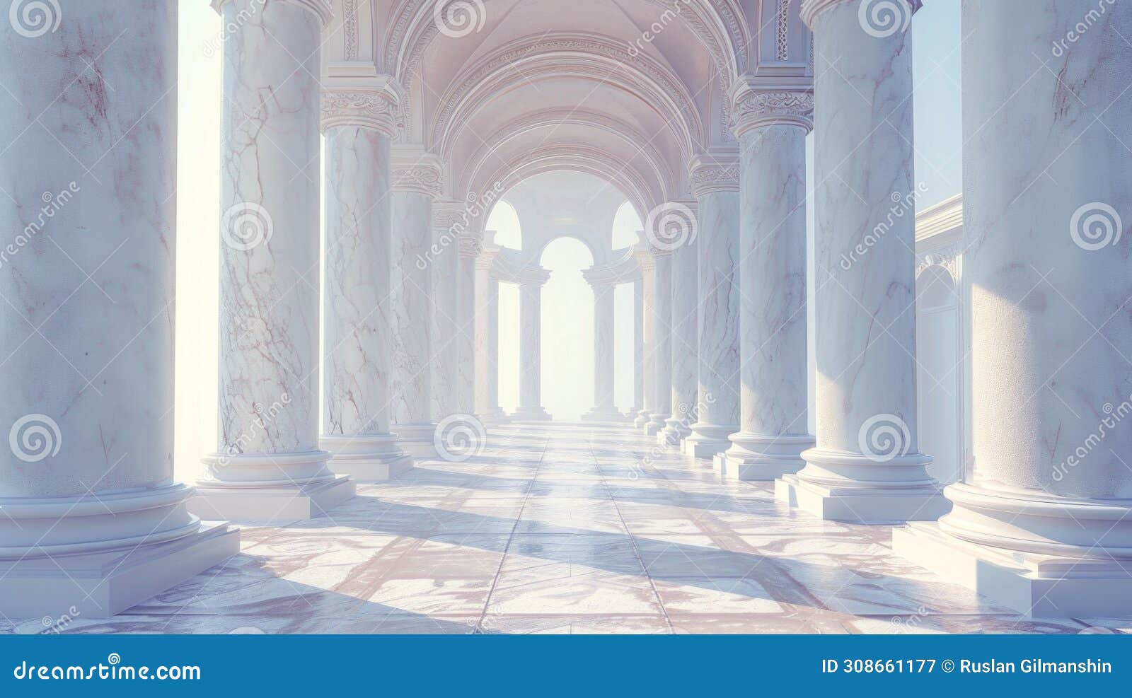 Arcade and a Corridor of White Columns. a Passage of Marble Columns ...
