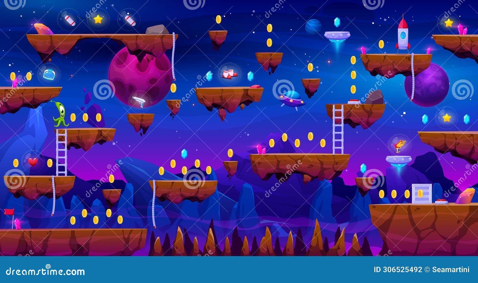 Arcade Galaxy Space Planet Game Level Map, UFO Stock Vector ...