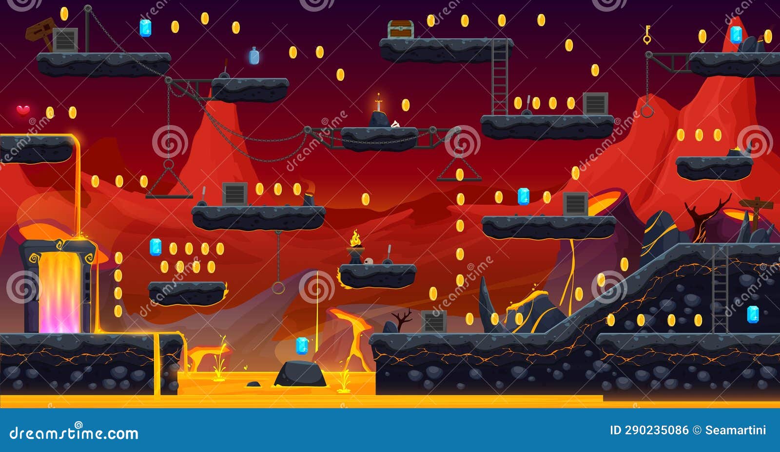 Arcade Game Volcano Level Map with Stone Platforms Stock Illustration ...