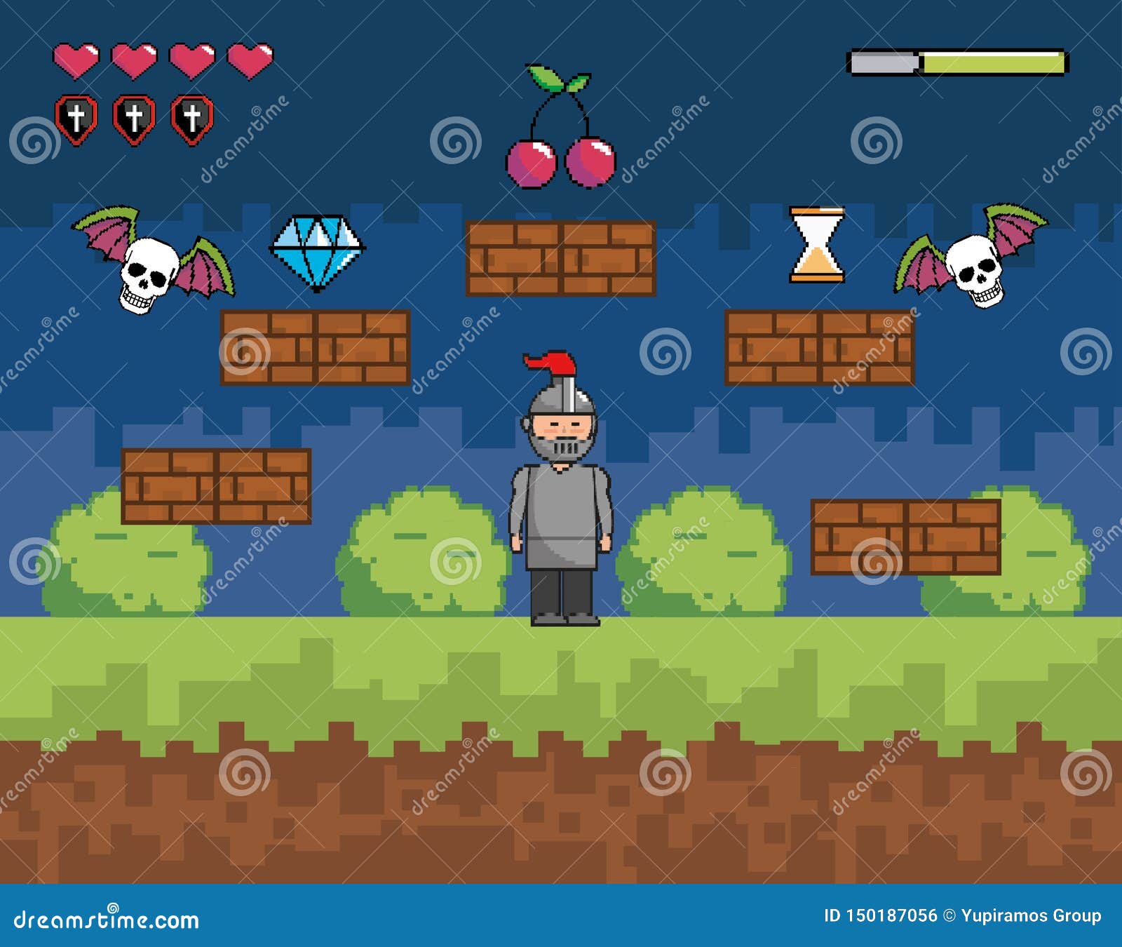 Arcade Game World and Pixel Scene Design Stock Vector - Illustration of ...