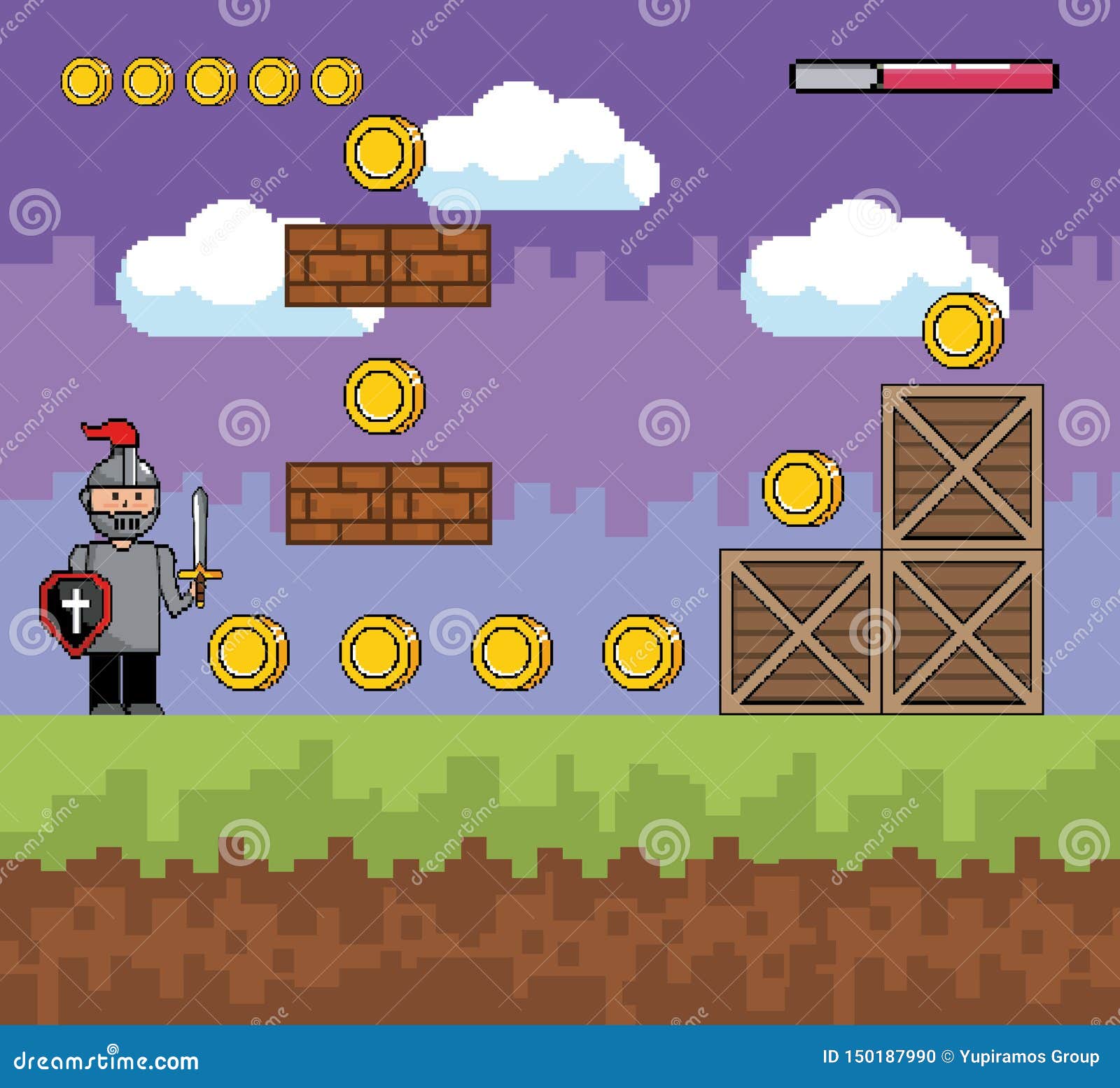 Arcade Game World and Pixel Scene Design Stock Vector - Illustration of ...