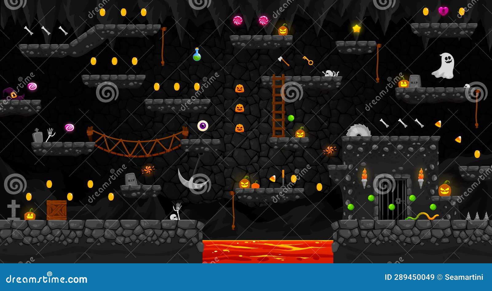 Arcade Halloween Horror Cave Landscape, Game Level Stock Vector ...