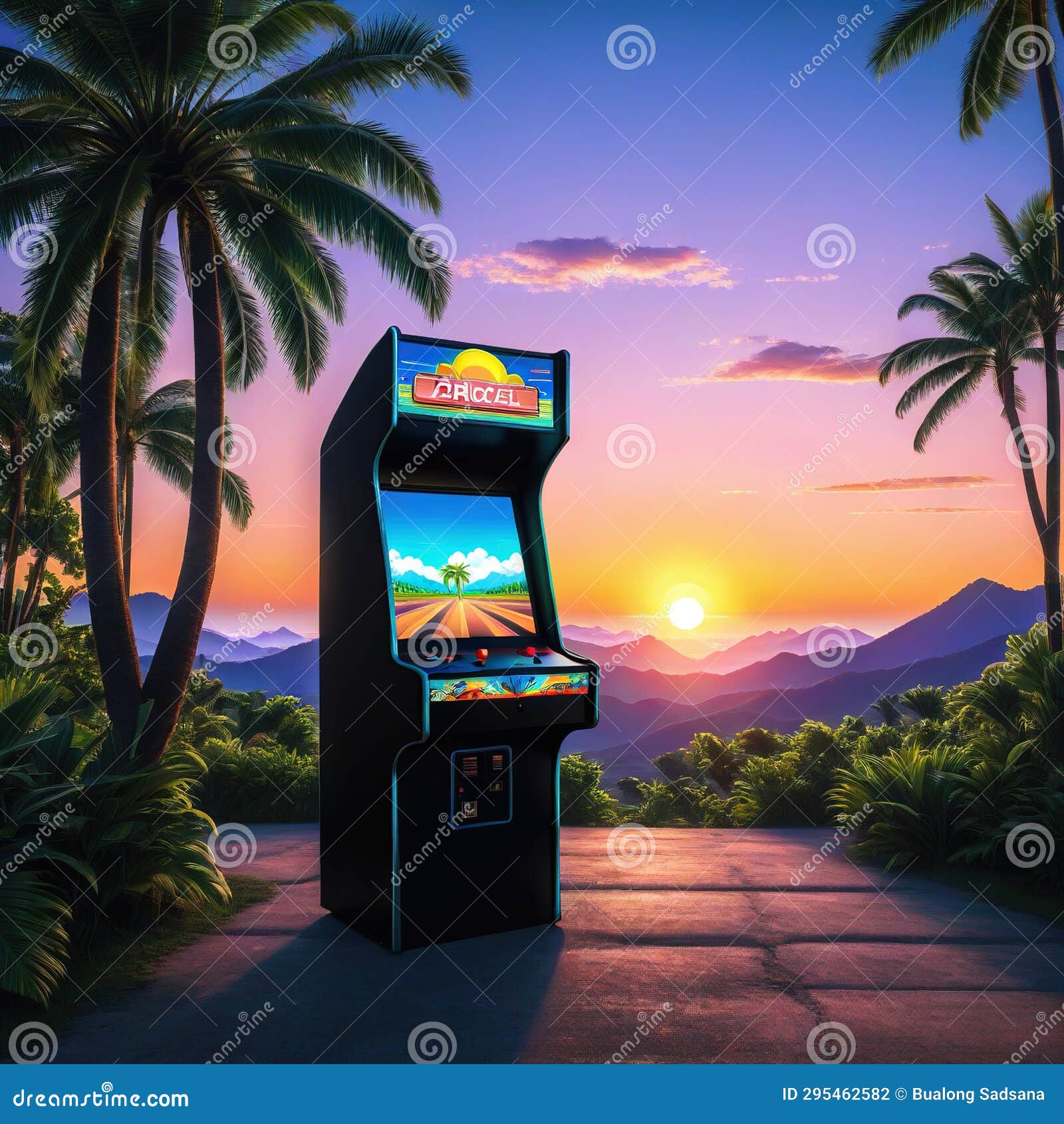 Arcade Machine with Screen and Landscape on Pixel Art Digital ...