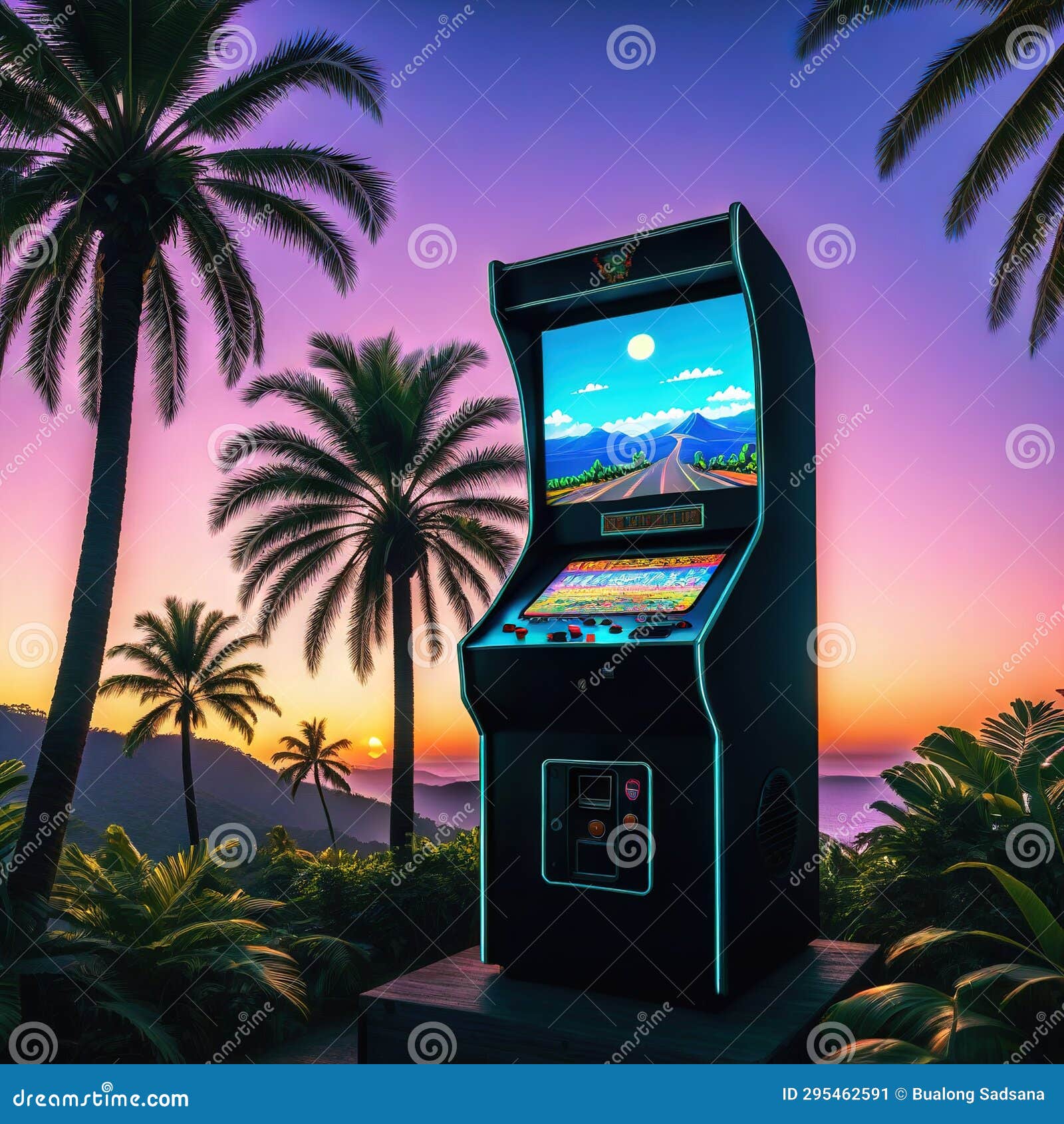 Arcade Machine with Screen and Landscape on Pixel Art Digital ...