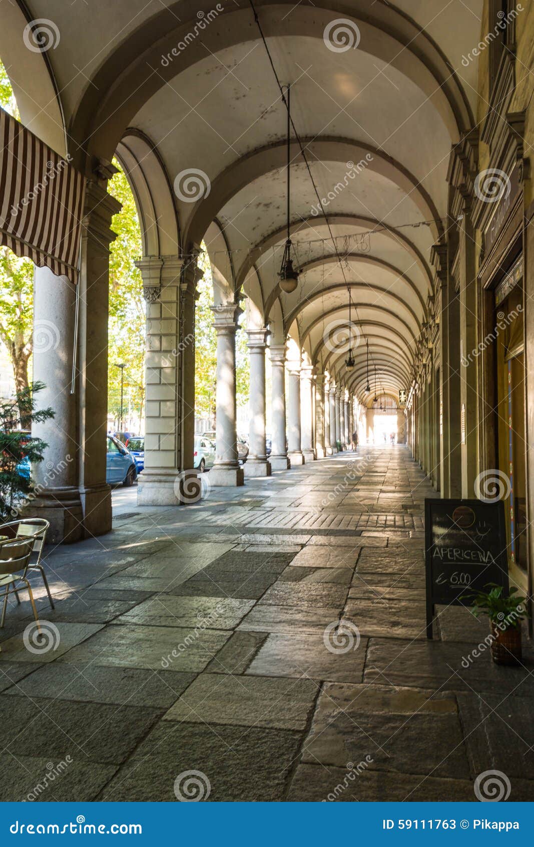 Arcade in Turin, Italy stock image. Image of pavement - 59111763