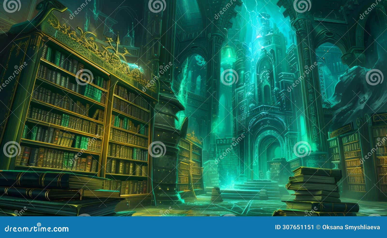 Arcane Library Chamber with Glowing Emerald Books and Ethereal Energy ...