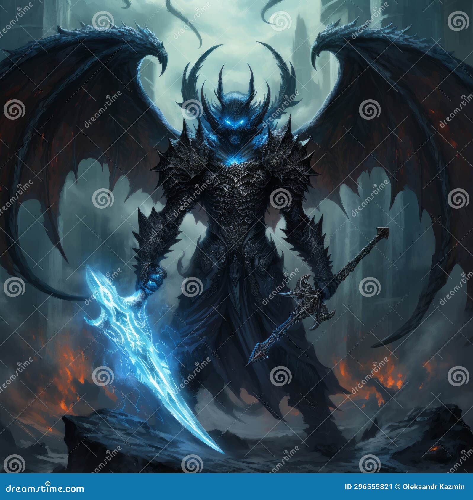 Arch Devil with Armor and Piercing Blue Magic Sword Stock Illustration ...