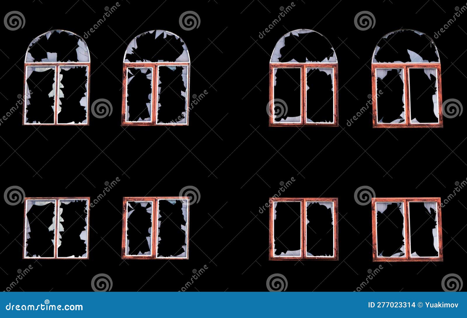 Arch and Rectangular Broken Glass Windows Front View Set Isolated Stock ...