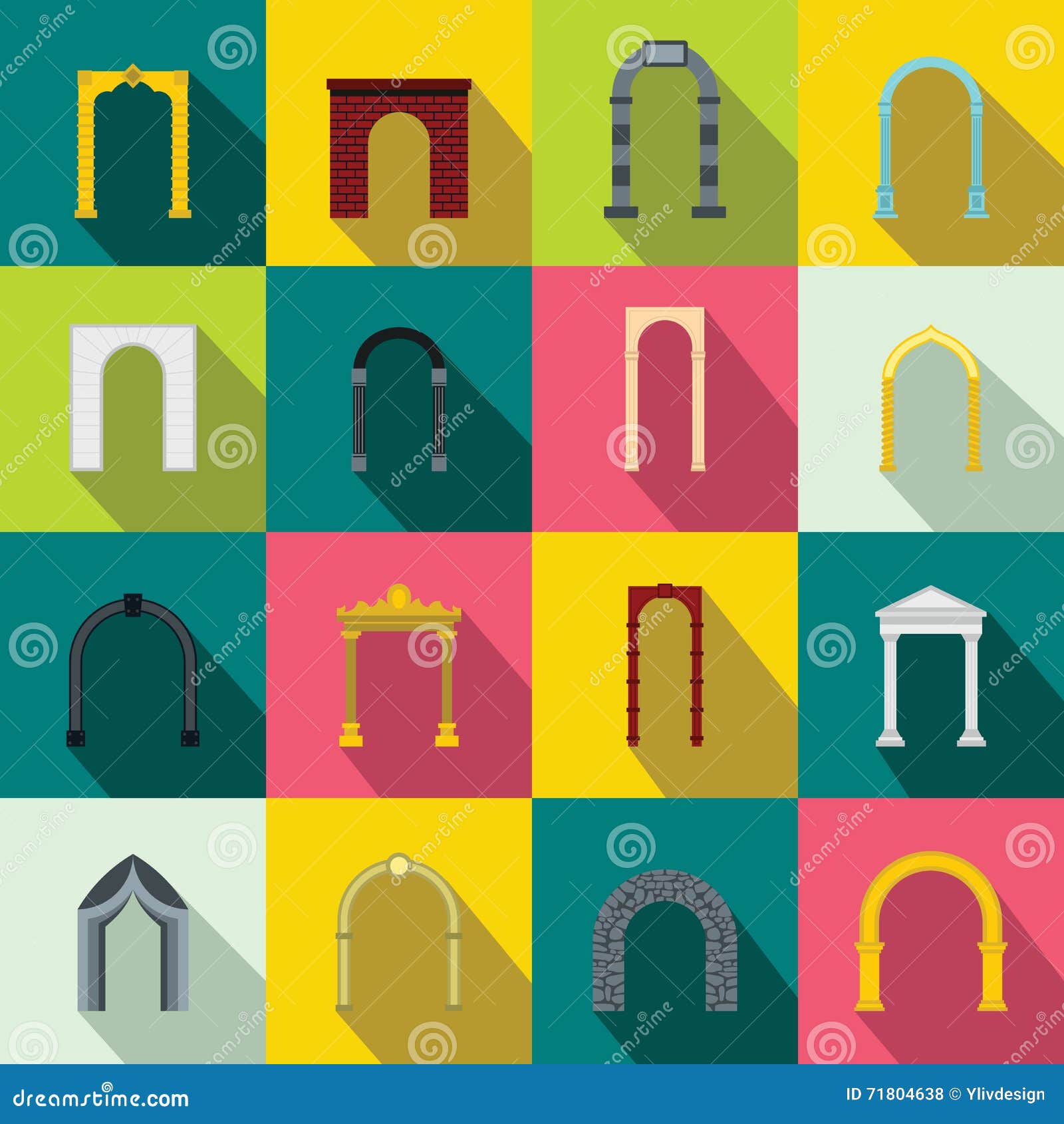 Arch set icons, flat style stock vector. Illustration of ancient - 71804638