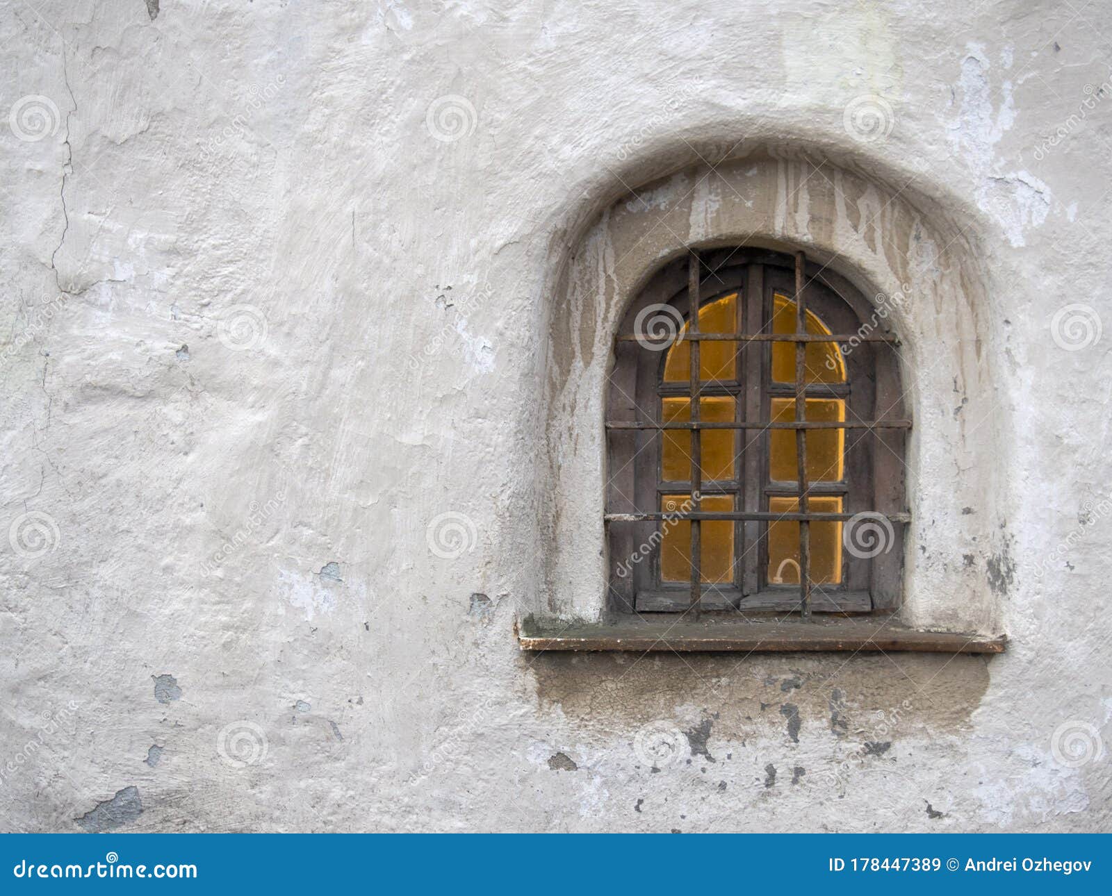 Arch Window in Old Stone Wall of Medieval Castle, Horizontal Image with ...