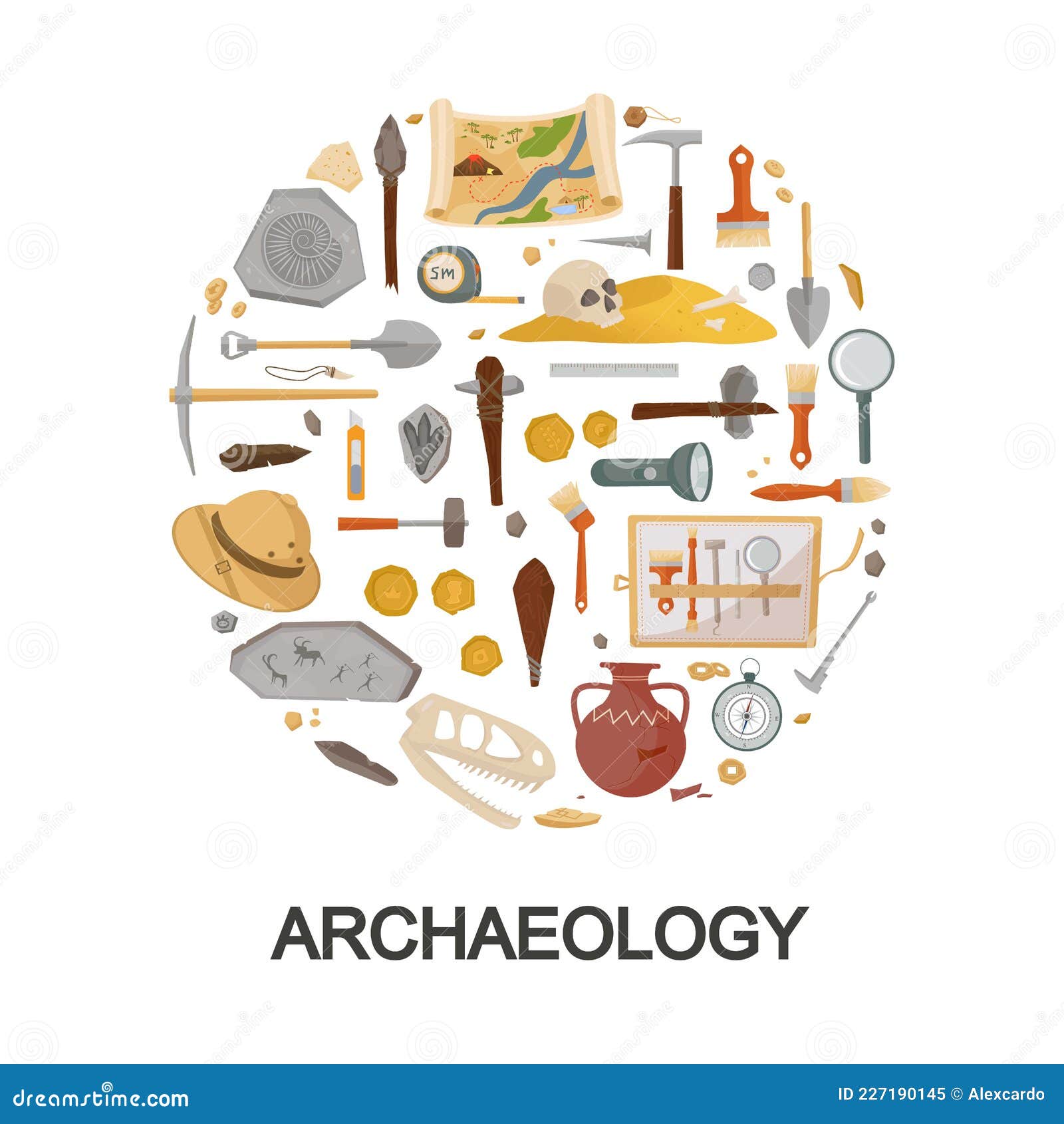 Archaeological Ancient Finds and Excavation Tools Set. Bones and Tools ...