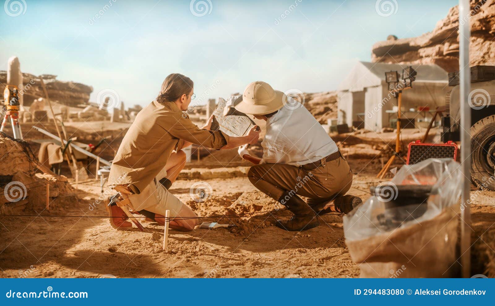 Archaeological Digging Site: Two Great Archeologists Work on Excavation ...