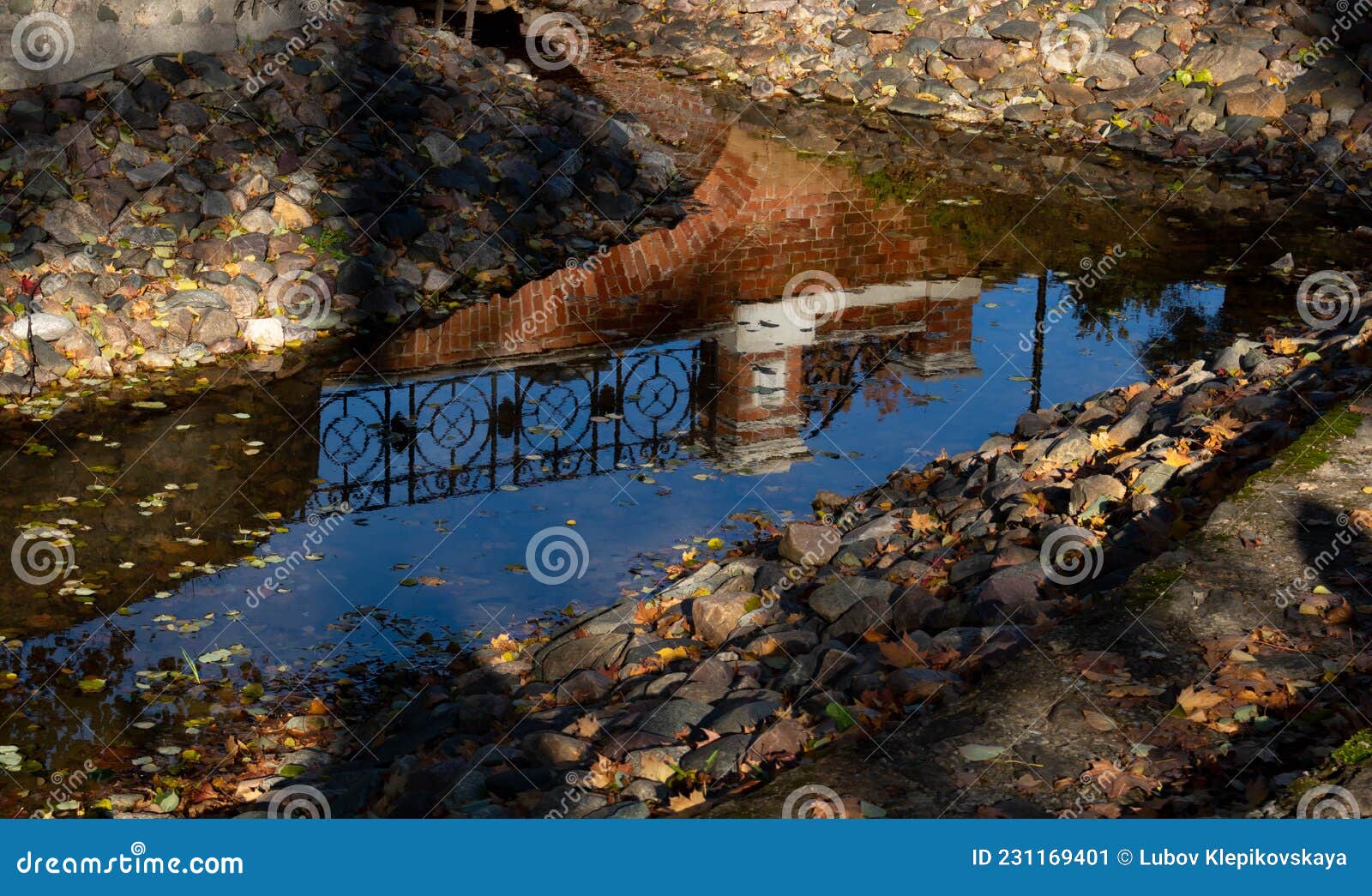 Arched Bridge Over a Stream with a Bright Reflection of the Sky with ...