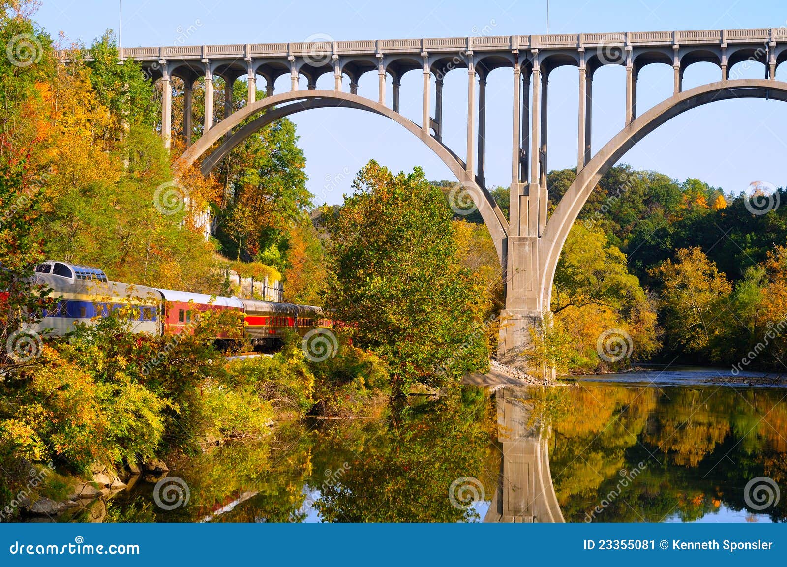 Arched Bridge and Passenger Train Stock Image - Image of horizontal ...