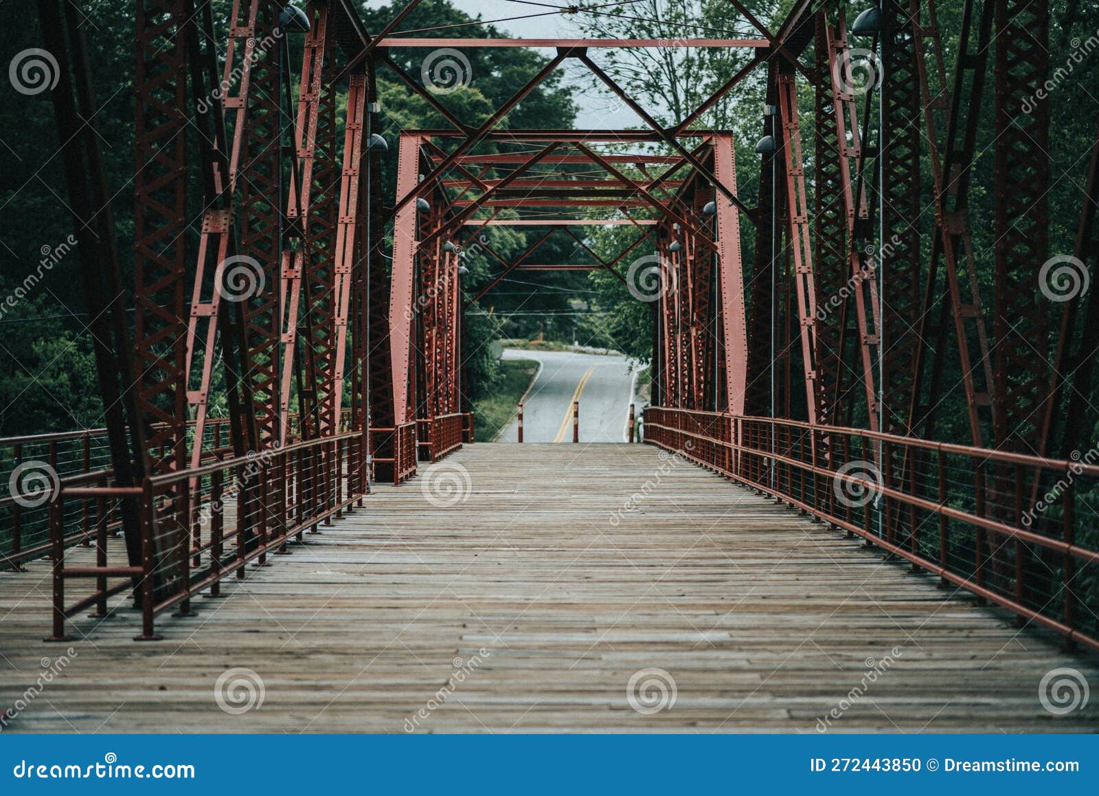 Arched Bridge Spans a Winding Road in a Tranquil Forest Landscape Stock ...