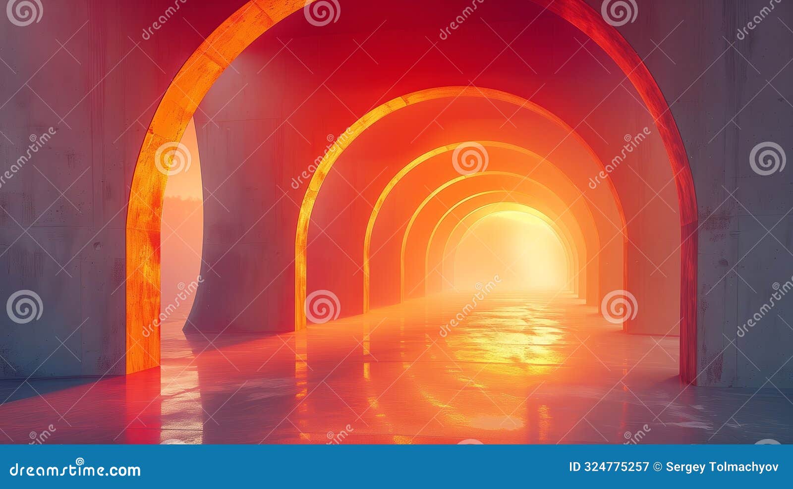 Arched Pathway Leading To Bright Light in a Concrete Structure Stock ...