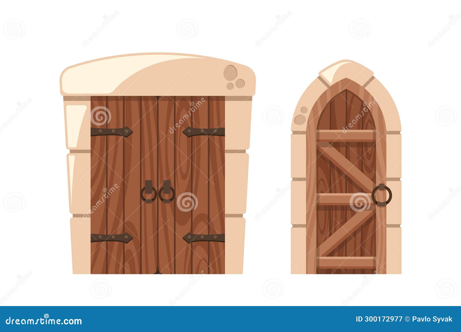 Arched and Rectangular Medieval Doors with Iron Knobs and Weathered ...