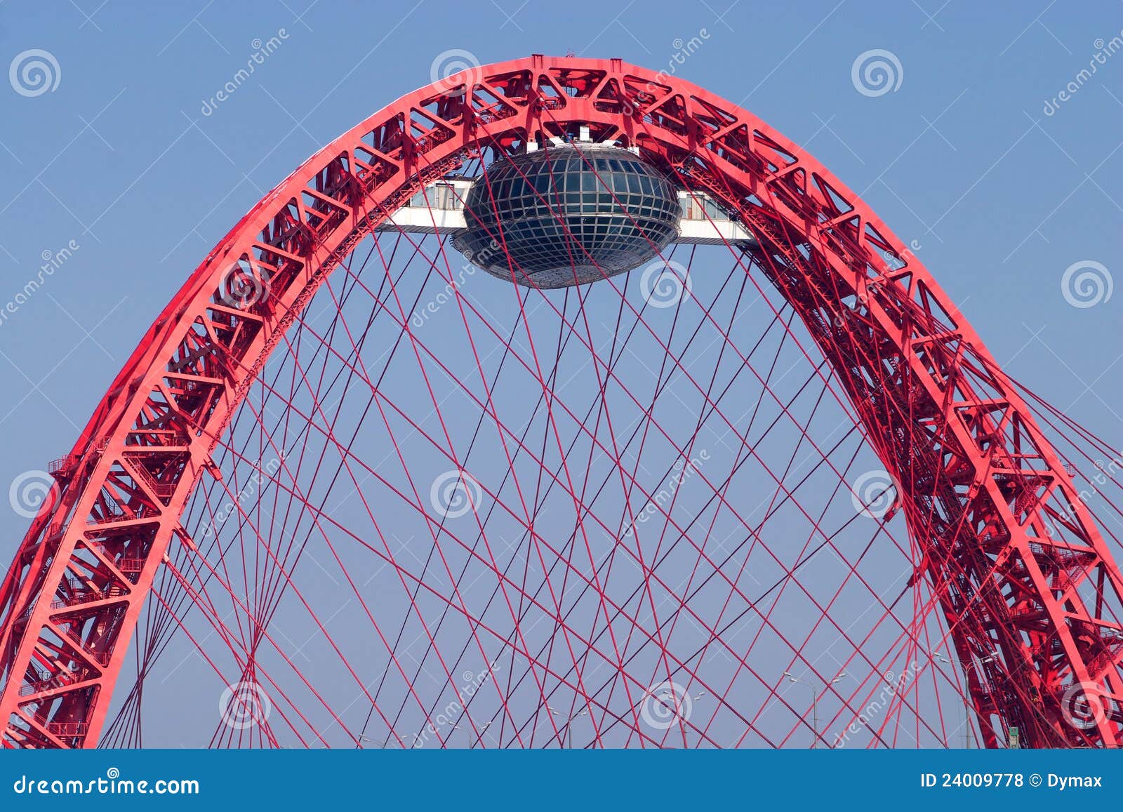 Arched Red Bridge with Viewing Cabin and Ropes Stock Photo - Image of ...