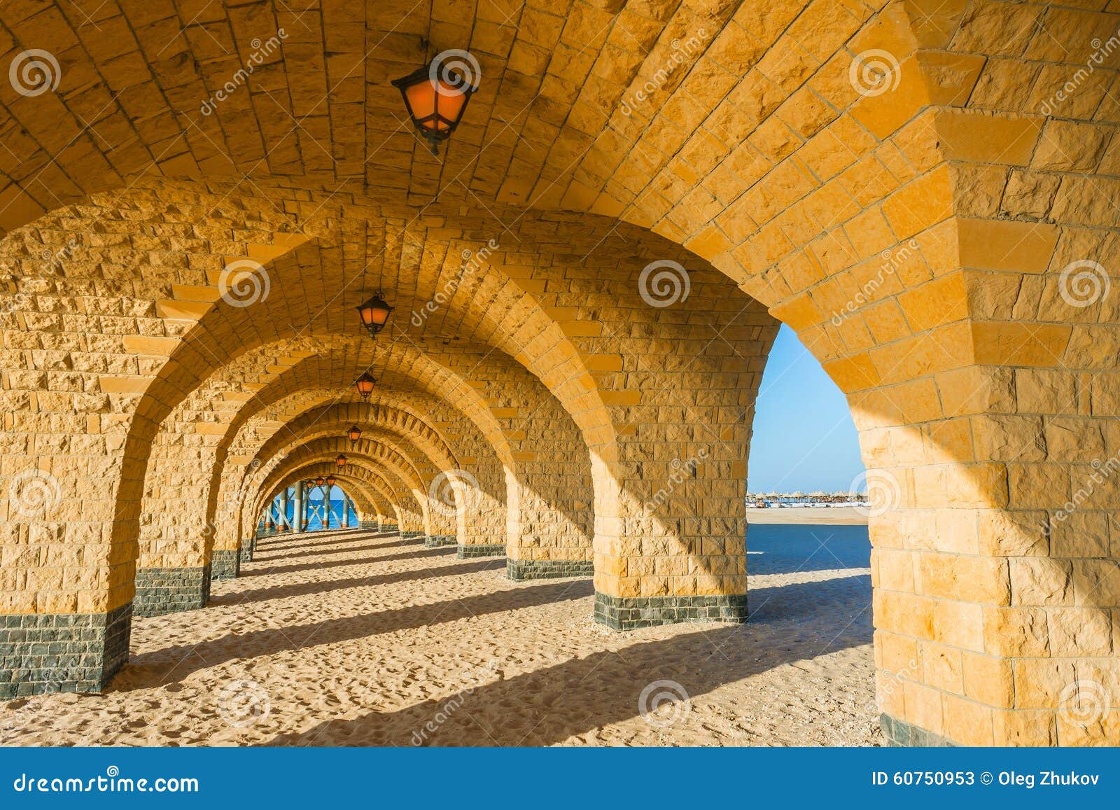 The Arched Stone Colonnade with Lanterns Stock Image - Image of ...