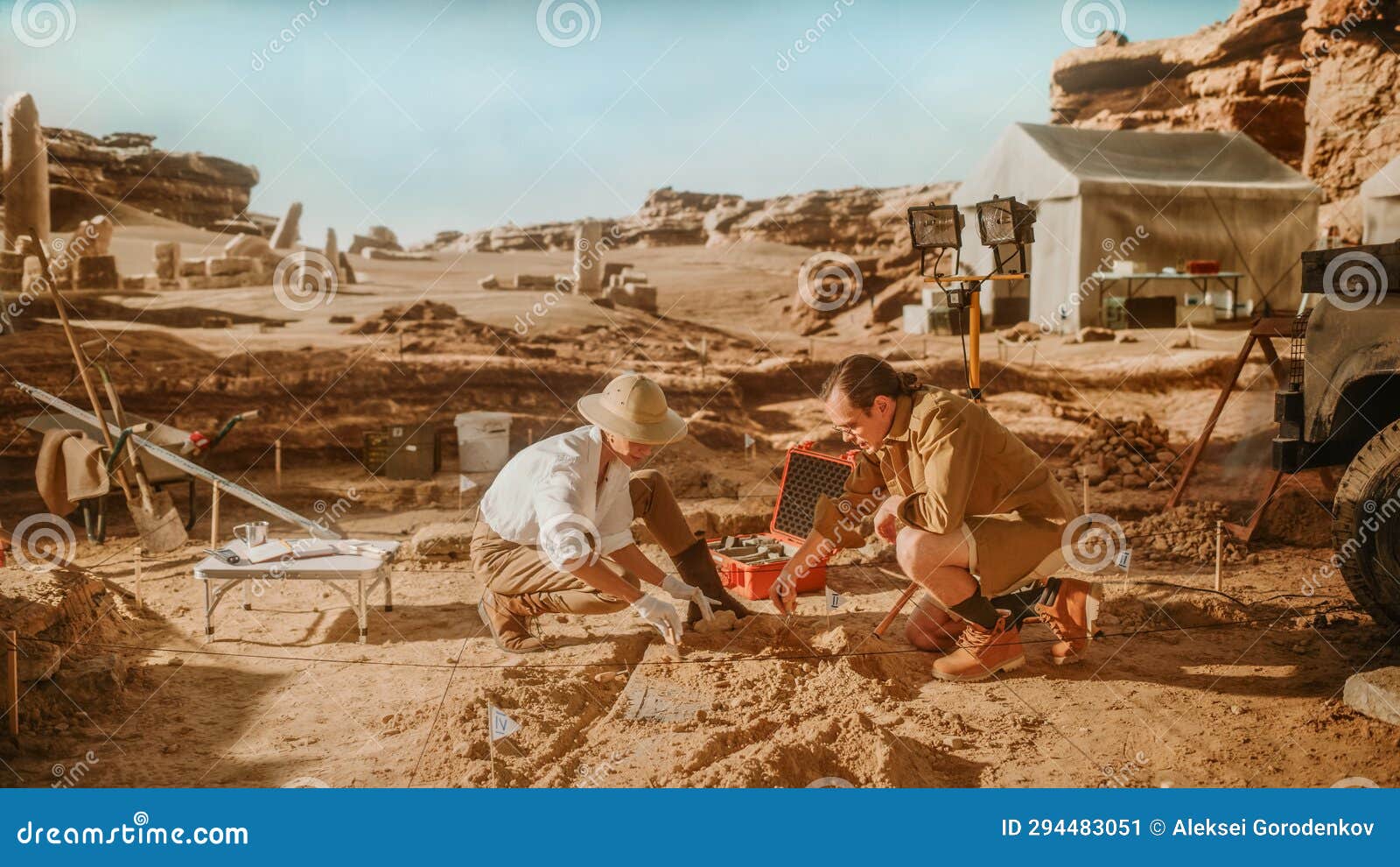 Archeological Digging Site: Two Great Archeologists Work on Excavation ...
