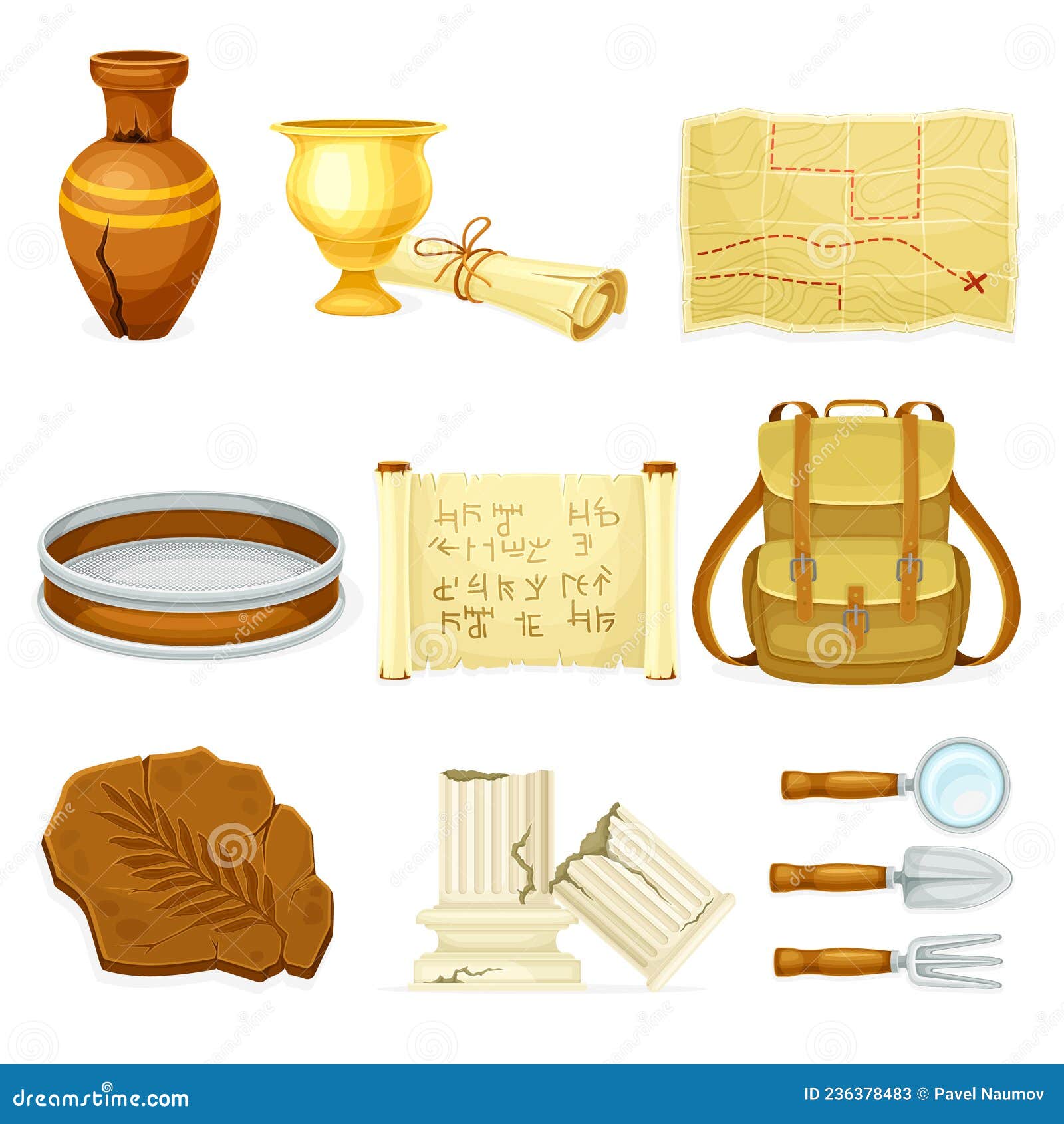 Archeological Tools and Artifacts Set. Ancient Papyrus, Ruined Marble ...