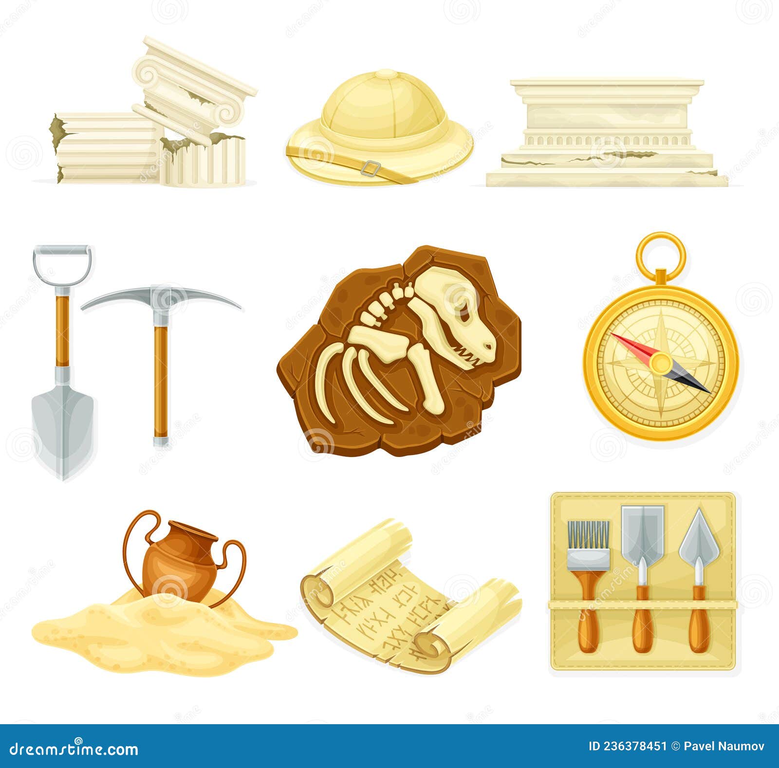 Archeological Tools and Artifacts Set. Shovel, Pickaxe, Ancient Papyrus ...