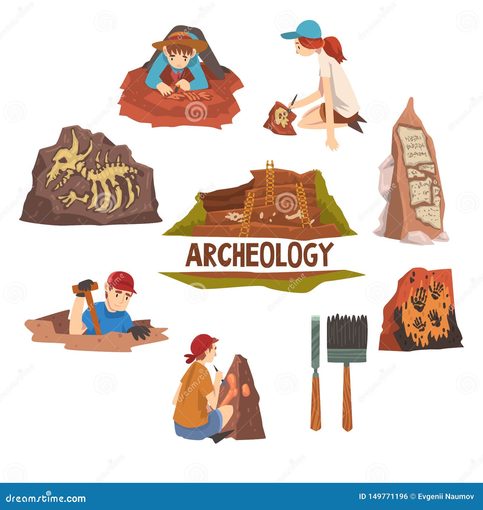 Archeology and Paleontology Set, Scientist Working on Excavations ... Archeology and Paleontology Set, Scientist Working on Excavations ...