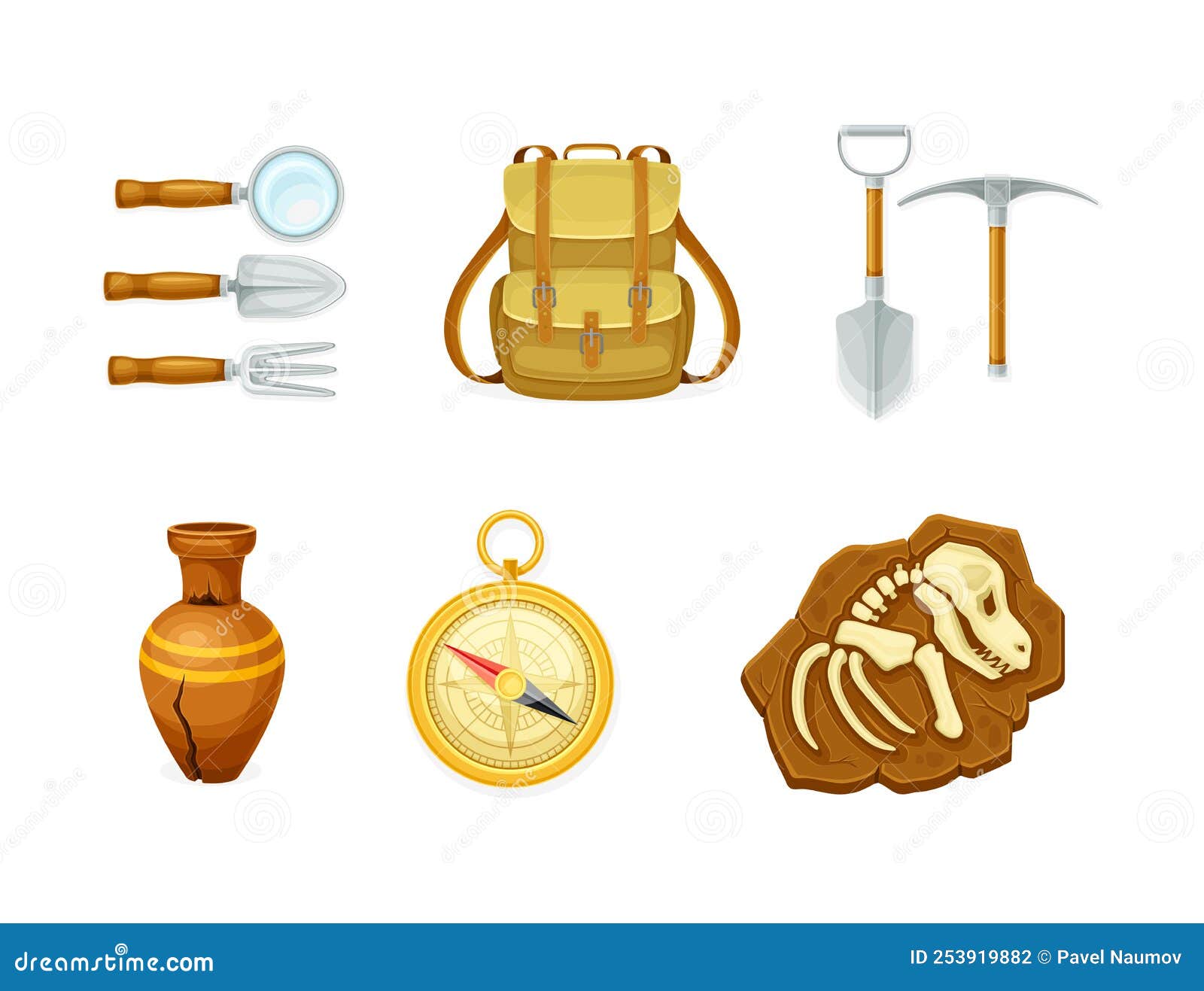Archeology Tools and Ancient Artifact with Compass, Clay Vase, Fossil ...