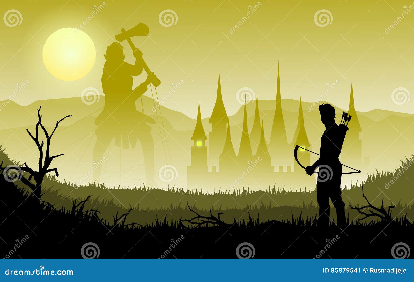 Archer and giant stock vector. Illustration of outline - 85879541