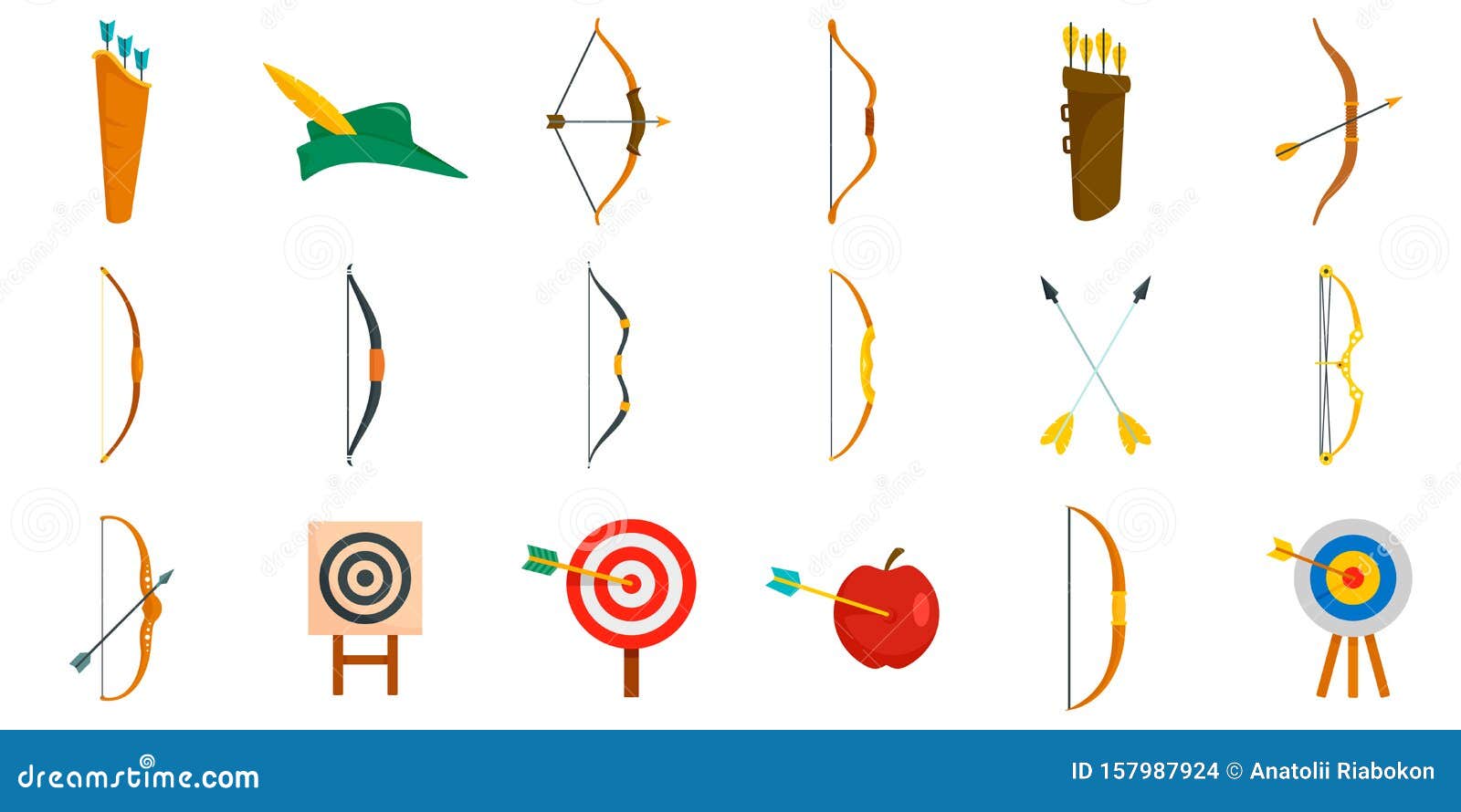 Archery Icons Set, Flat Style Stock Vector - Illustration of accurate, dartboard: 157987924