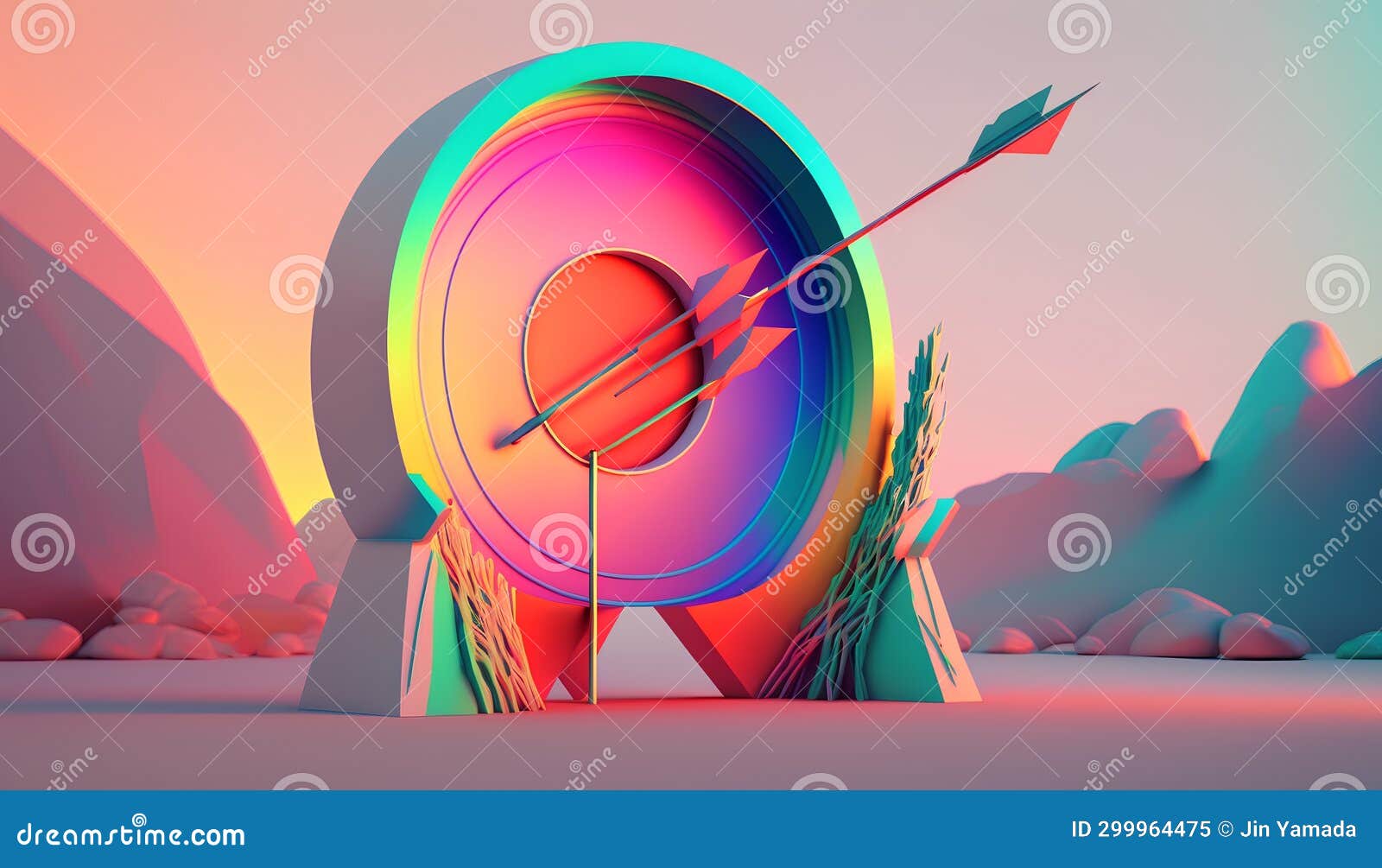 Archery Target with Arrows on the Background of Mountains. 3d Rendering ...