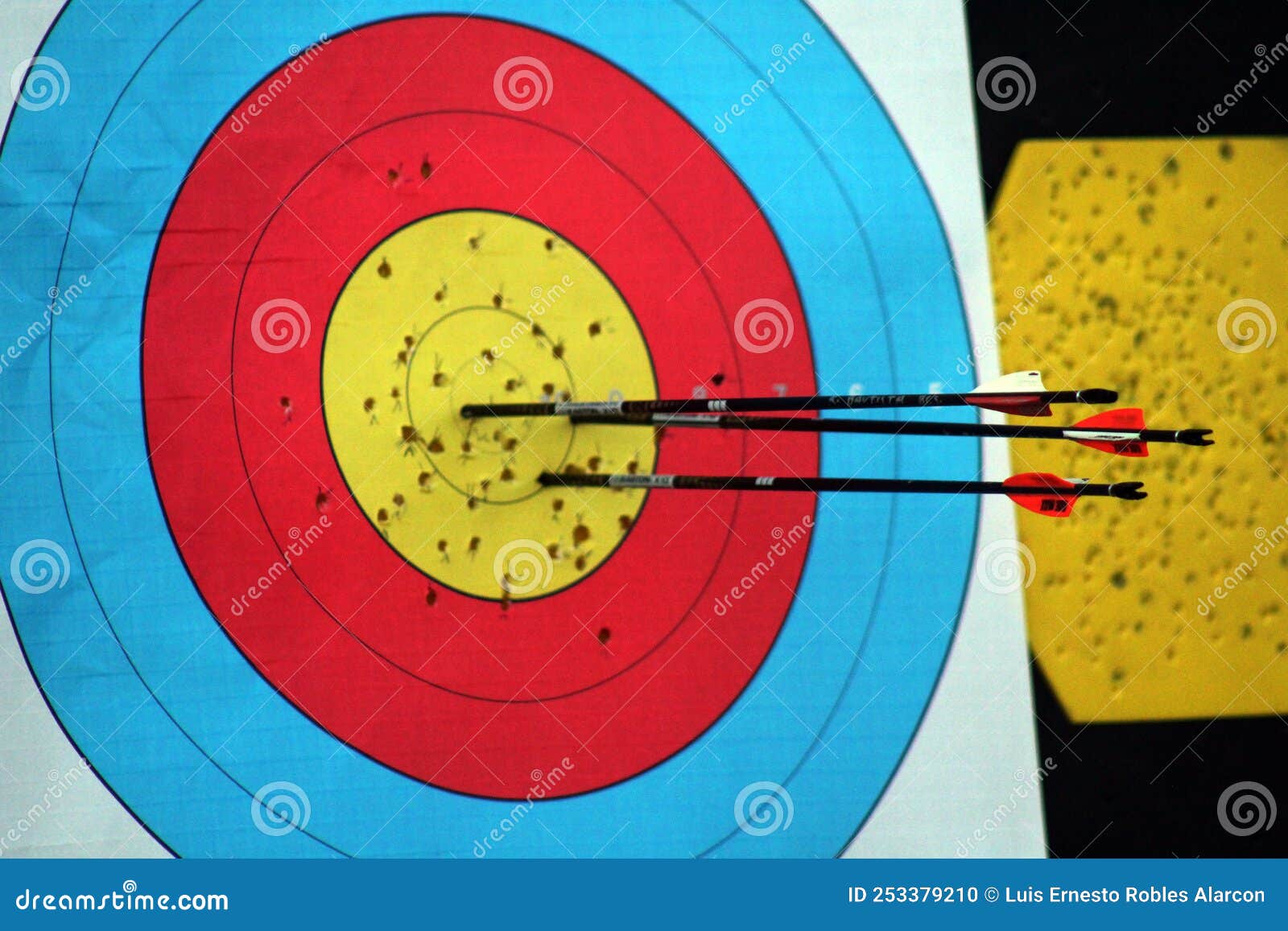 Archery target with arrows stock photo. Image of athlete - 253379210