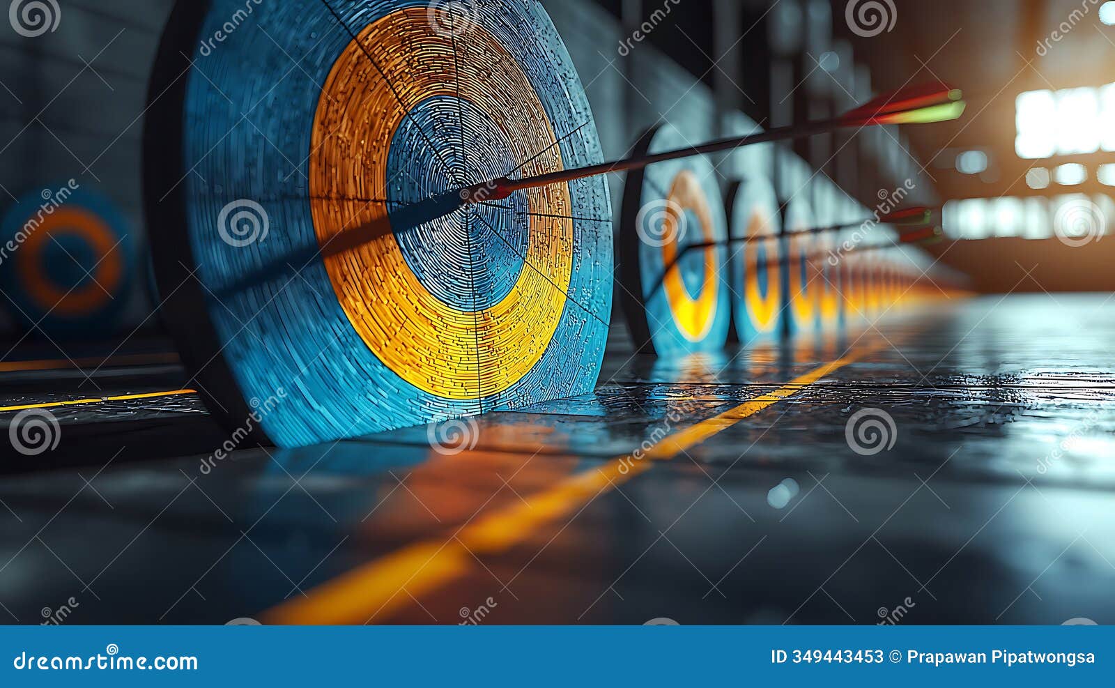 Archery Targets Lined Up in Bright Indoor Range, Arrows Hitting ...