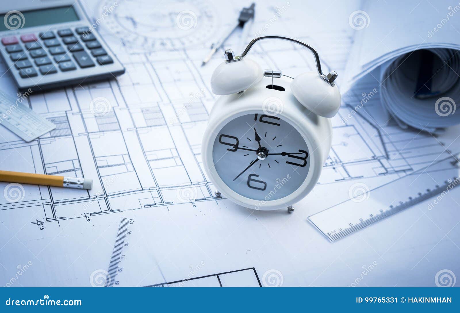 Architect with Alarm Clock on Plan Design Paper. Stock Image - Image of ...