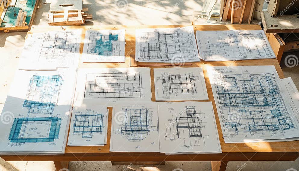 Architect Analyzing Blueprints Laying on Desk in the Workshop Stock ...