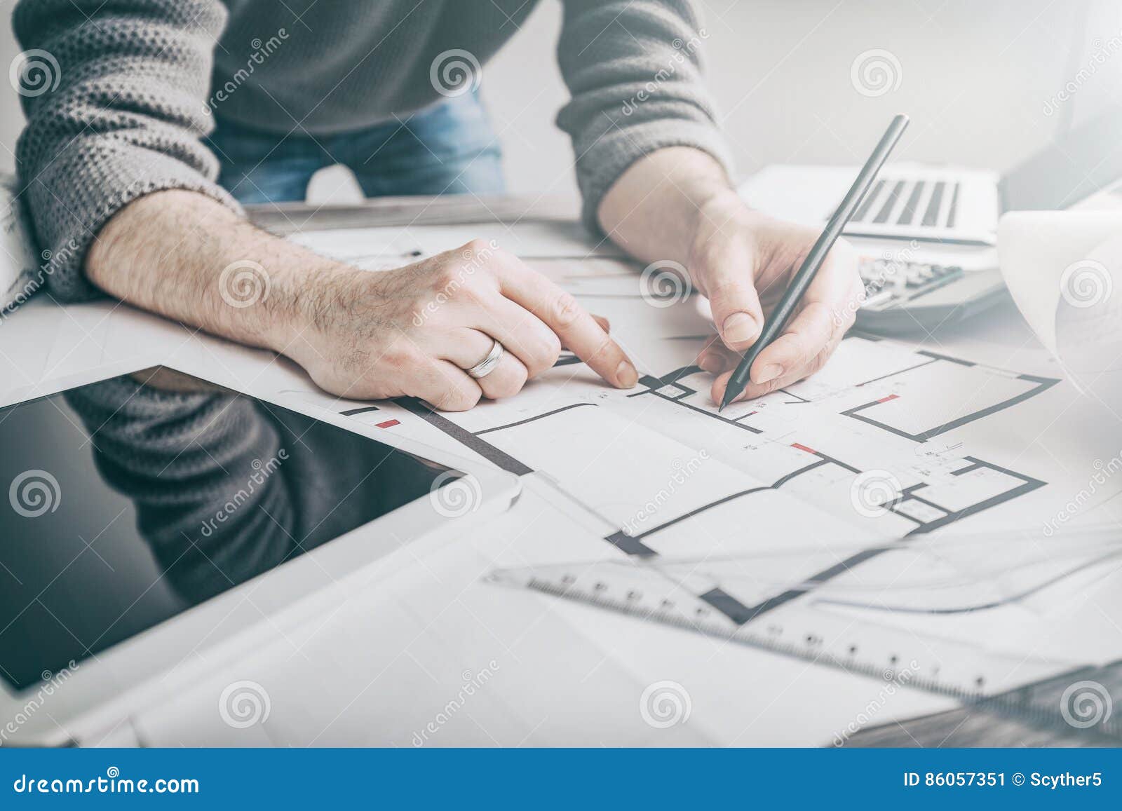 Architect Architecture Drawing Project Blueprint Working Design Stock ...