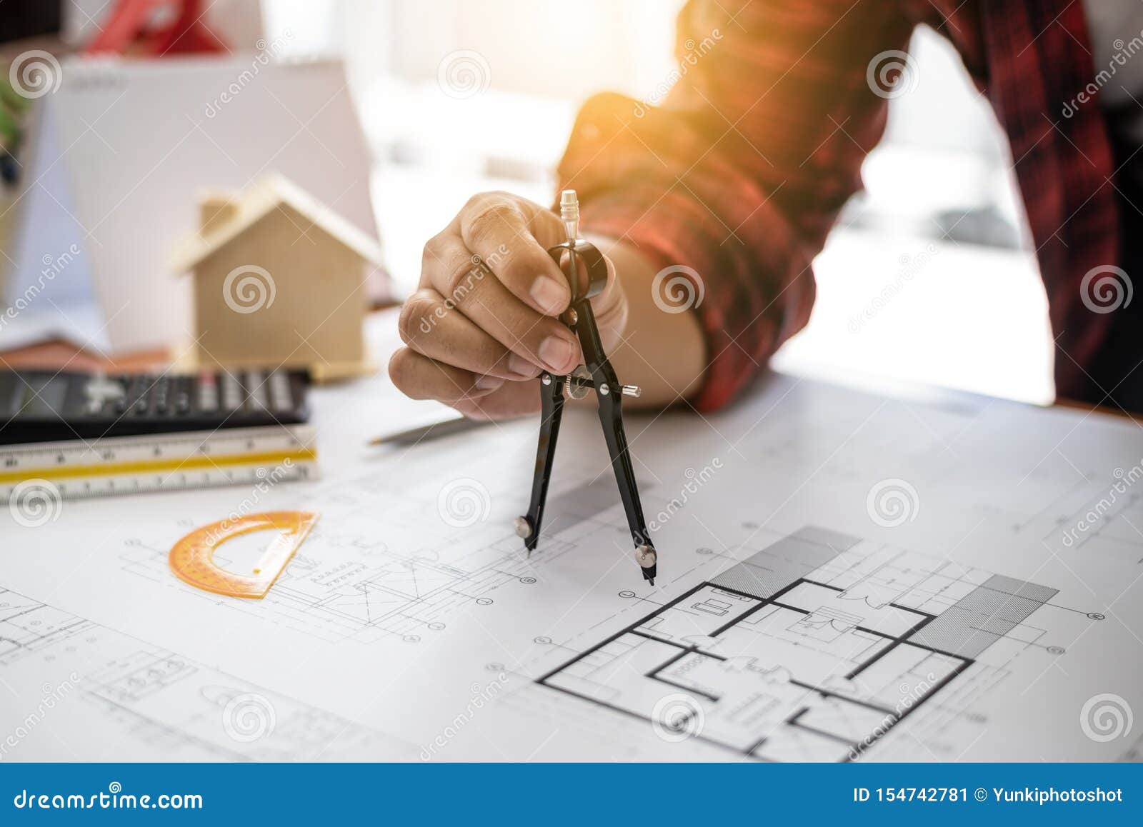 Architect Asian Man Drafting Blueprint at Table in Office Stock Image ...