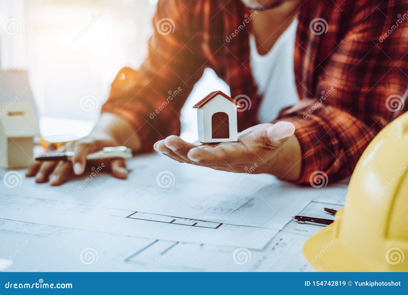 Architect Asian Man Drafting Blueprint at Table in Office Stock Image ...