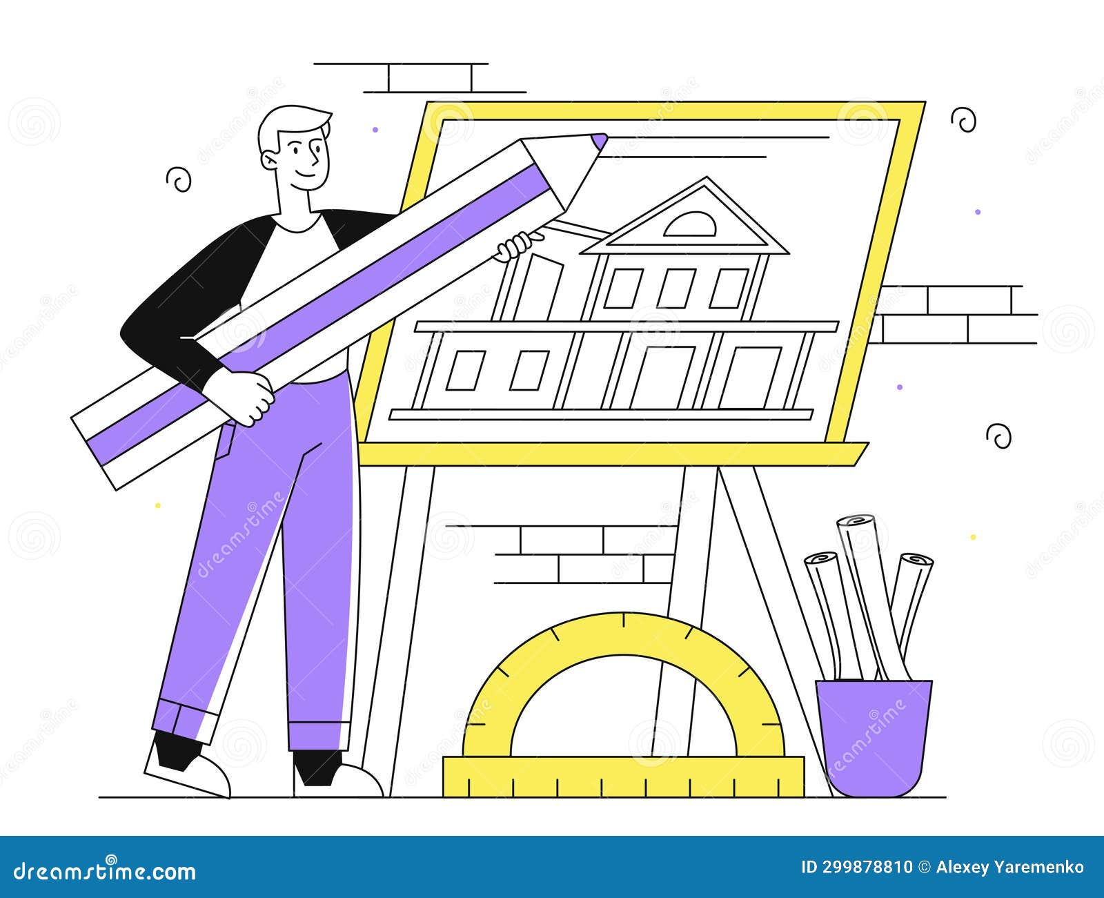 Architect with Blueprint Vector Line Concept Stock Illustration ...