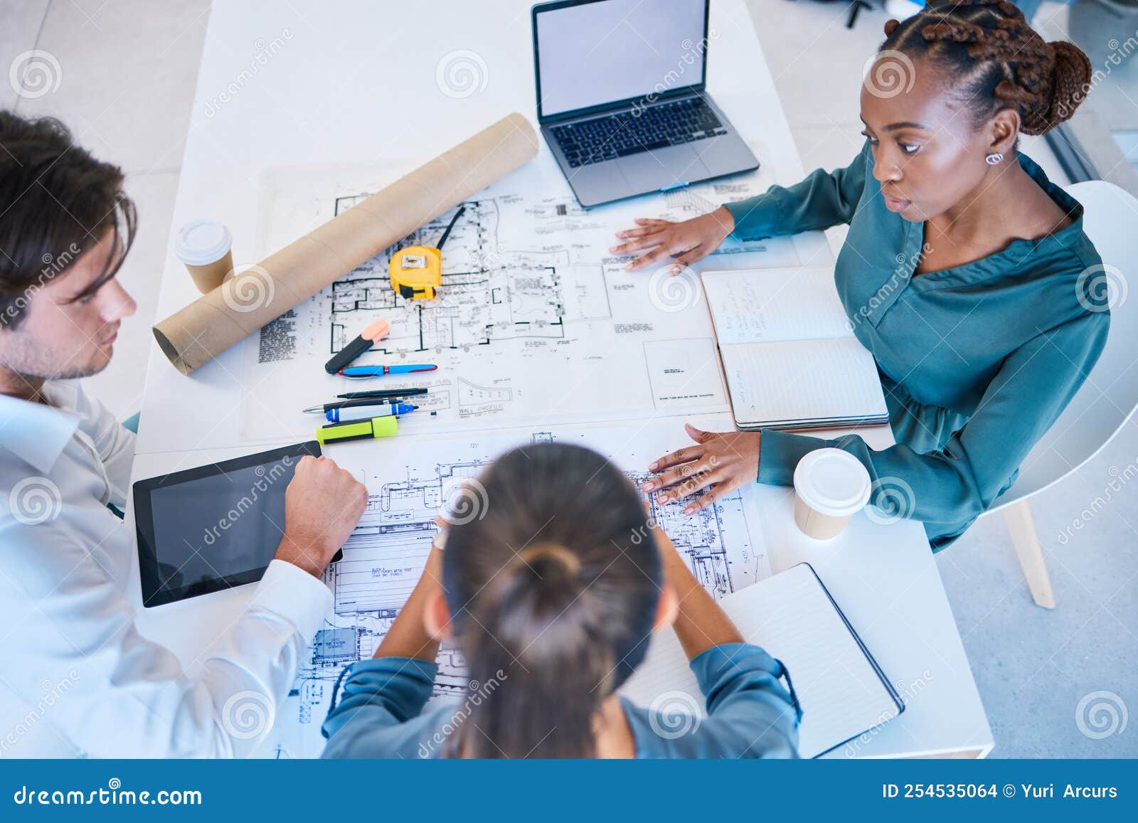 Architect Blueprints, Engineers and Designers Analyzing Drawing, Draft ...