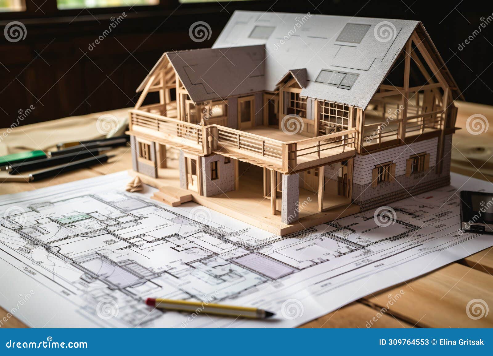 Architect Blueprints, House Frame Model, Wooden Framework, Stock ...