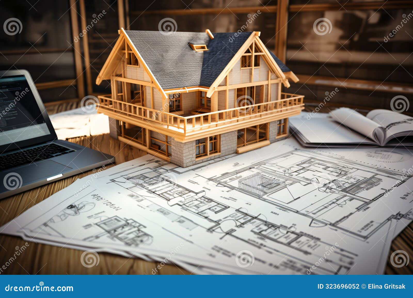 Architect Blueprints, House Frame Model, Wooden Framework, Stock Photo ...