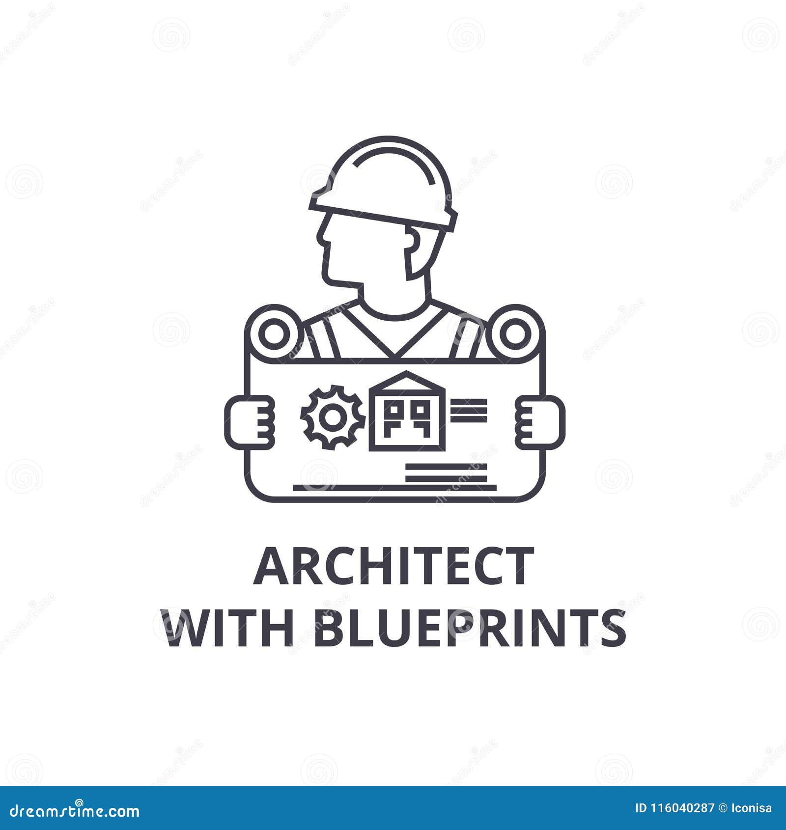 Architect with Blueprints Vector Line Icon, Sign, Illustration on ...