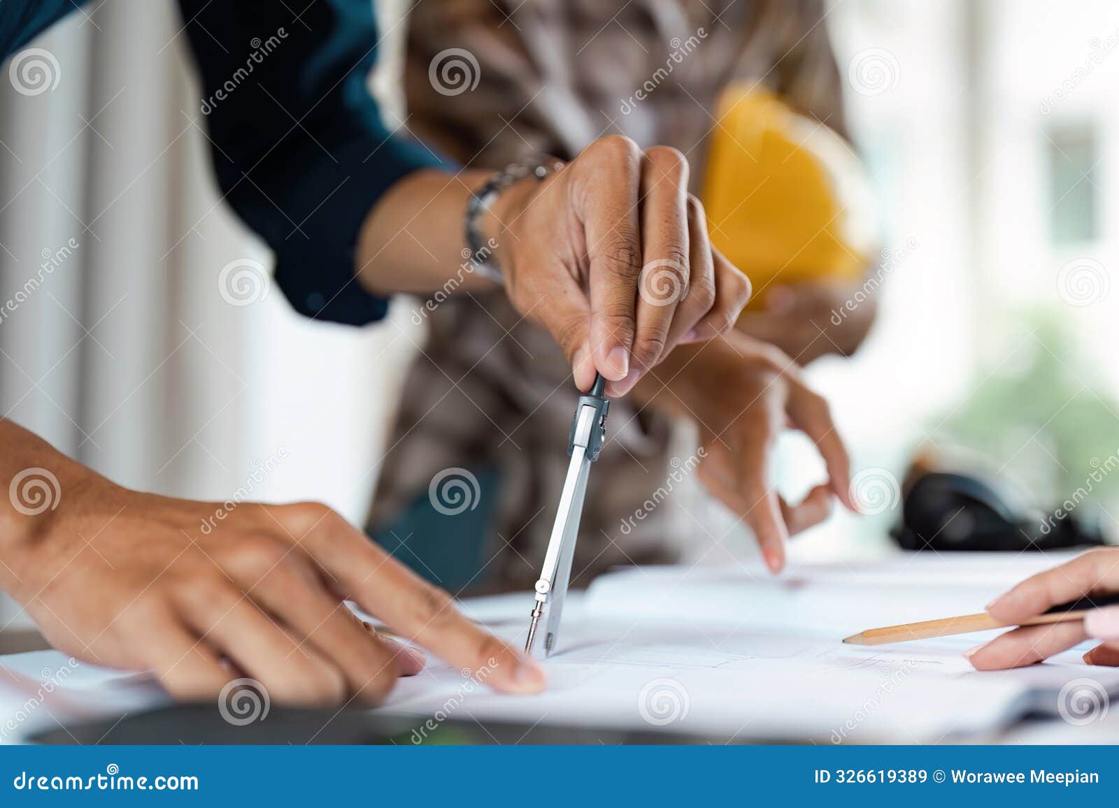 Architect Collaboration on Blueprint Design with Compass and Plans in ...