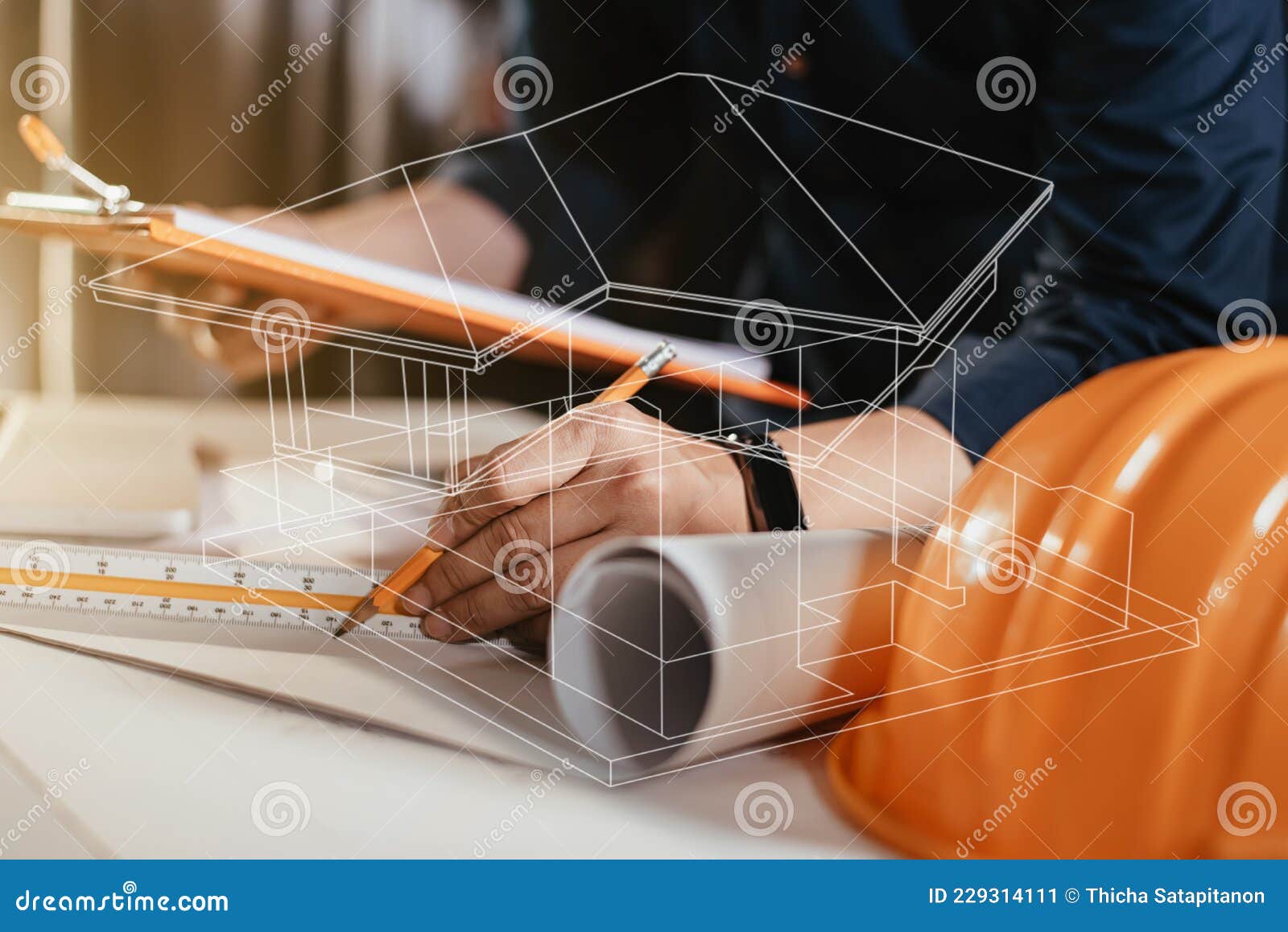 Architect Construction Engineer Plan on Hard Project at Work Stock ...