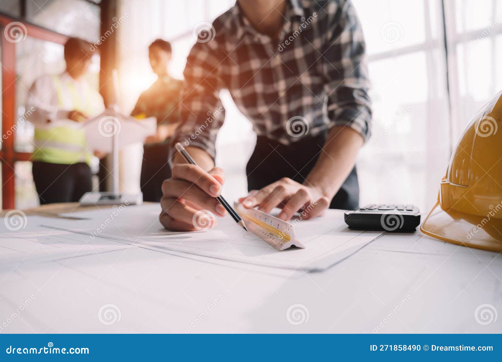 Architect Construction Engineer Plan on Hard Project at Work Stock ...