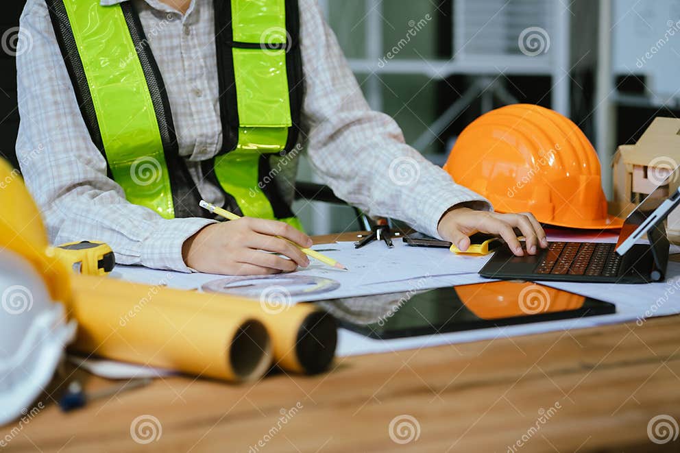Architect Construction Engineer Plan on Hard Project at Work Stock ...