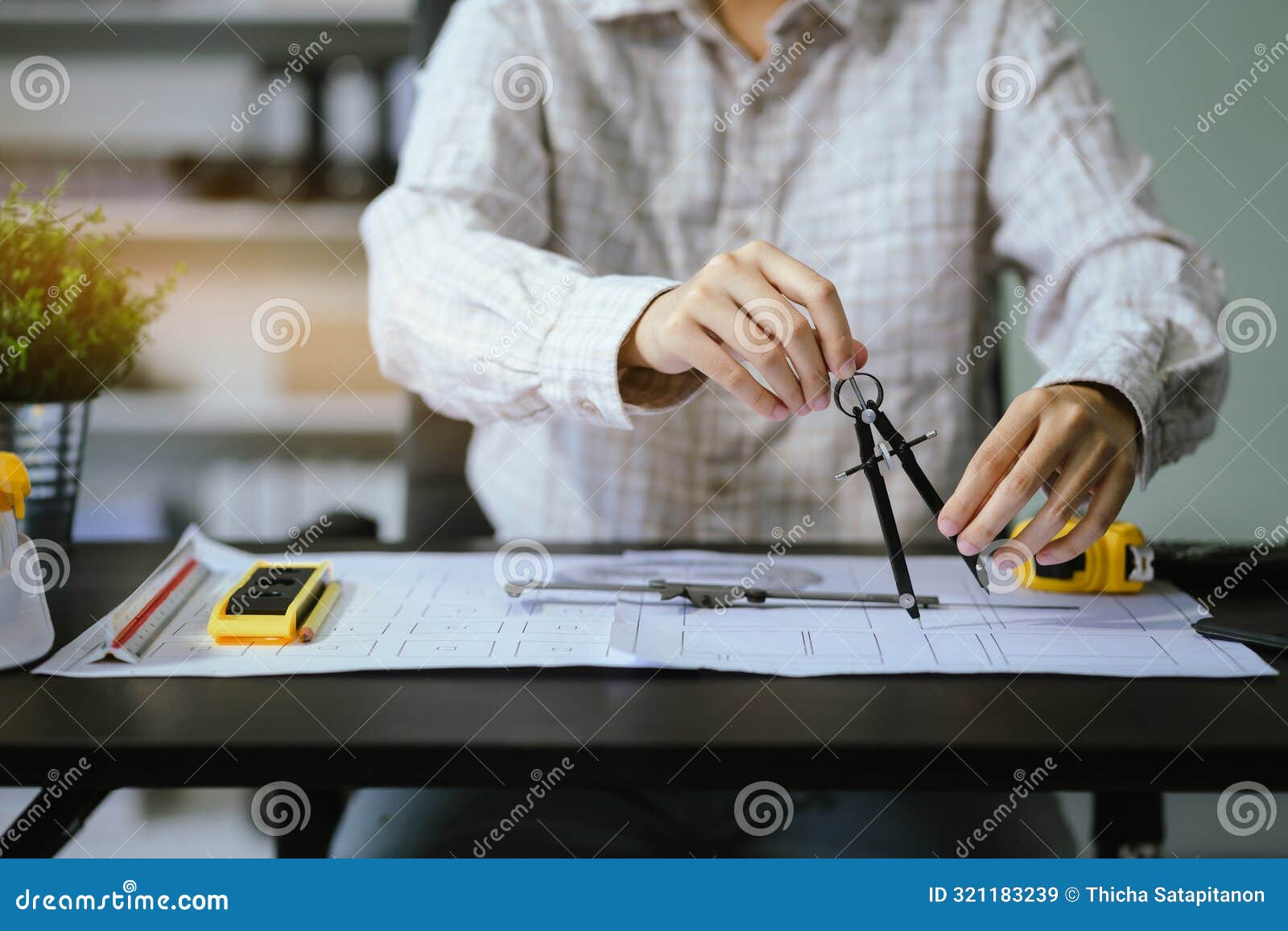 Architect Construction Engineer Plan on Hard Project at Work Stock ...