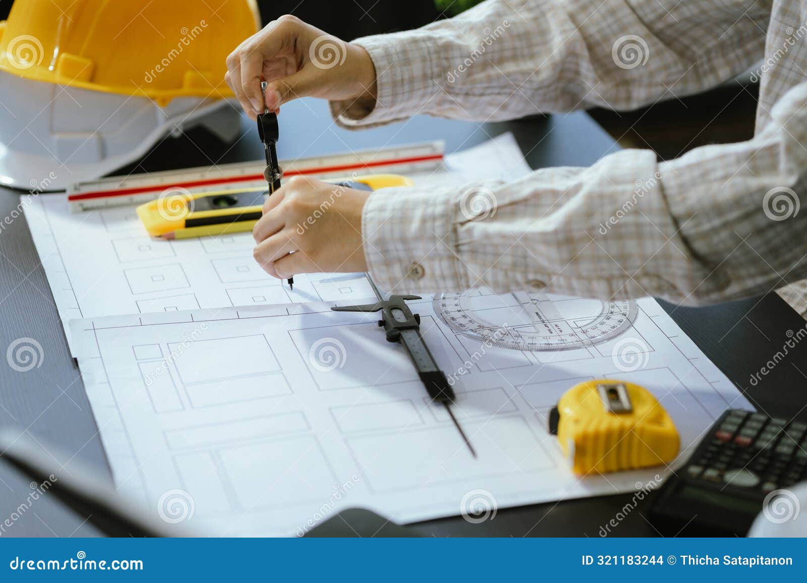 Architect Construction Engineer Plan on Hard Project at Work Stock ...